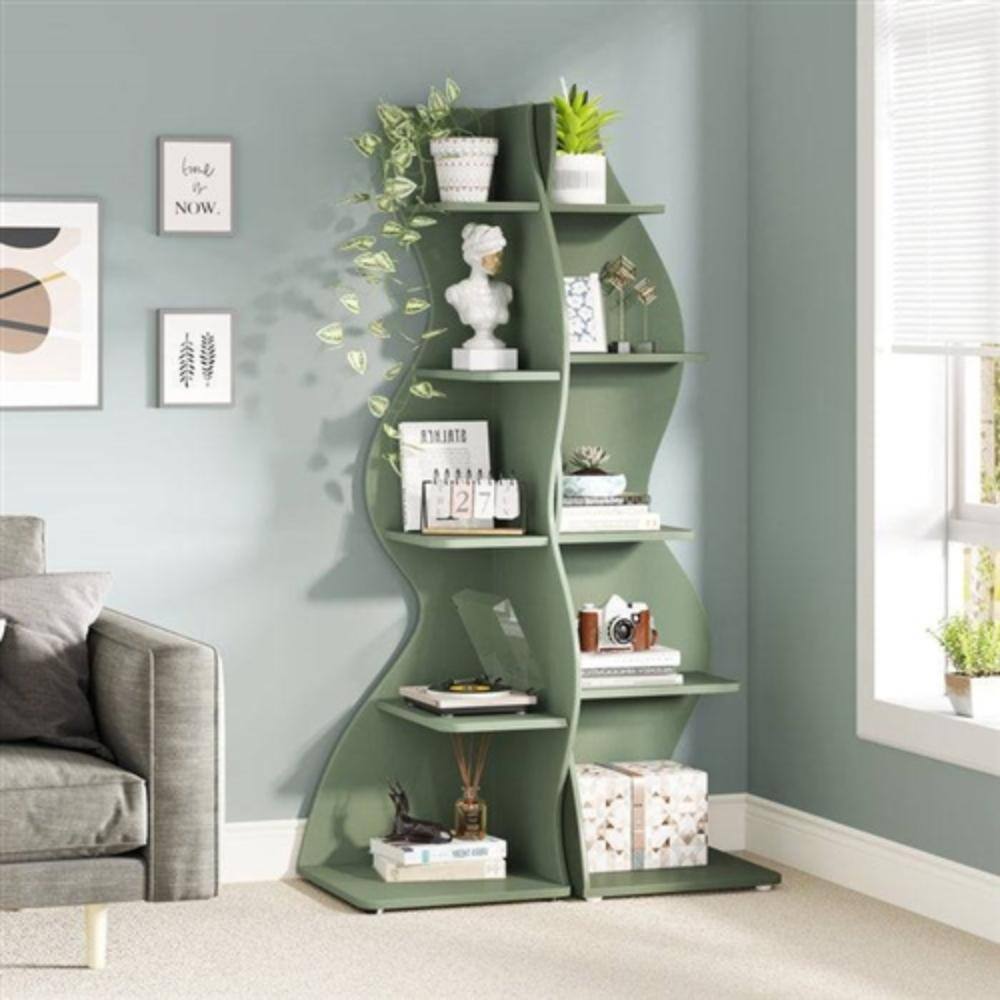 Hivvago Modern Whimsical 5 Shelf Corner Bookcase Wood Finish Green ...