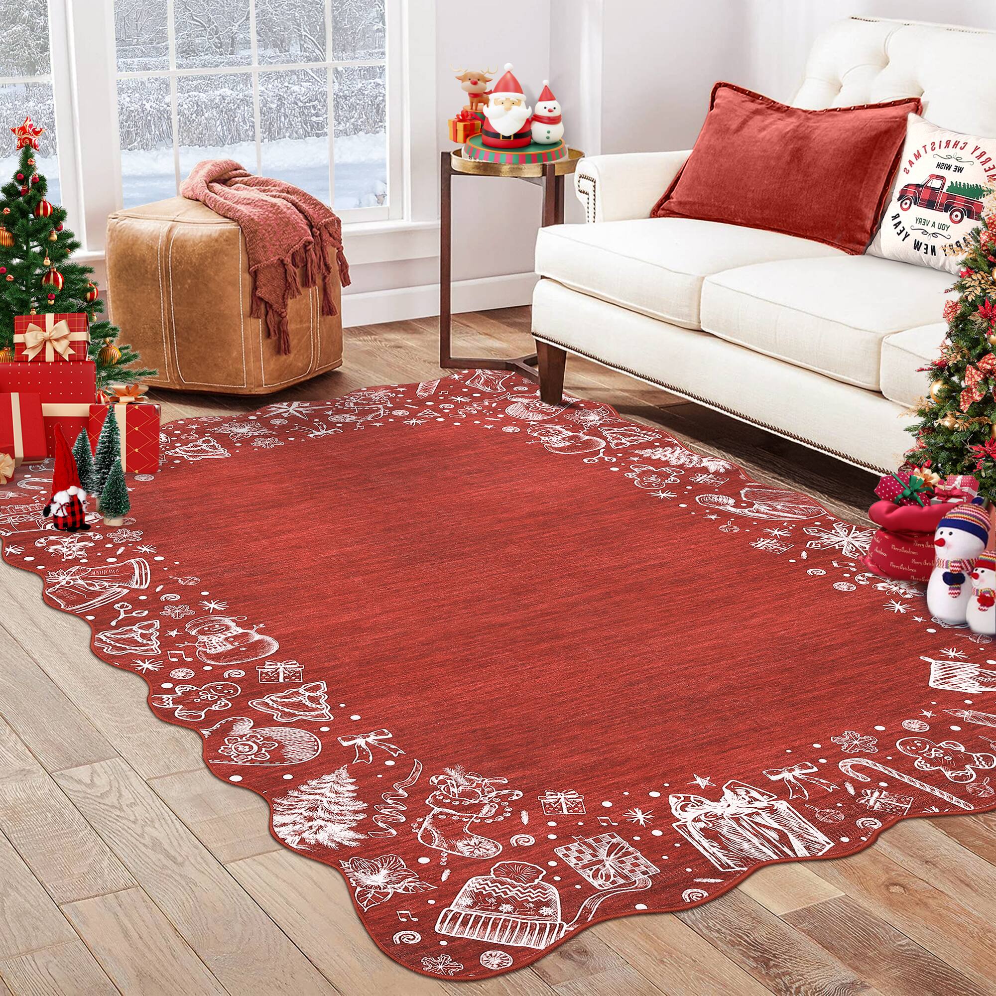 Jojoka 3x5 ft Christmas Area Rug, Scalloped Edge, Festive Trees & Bells ...