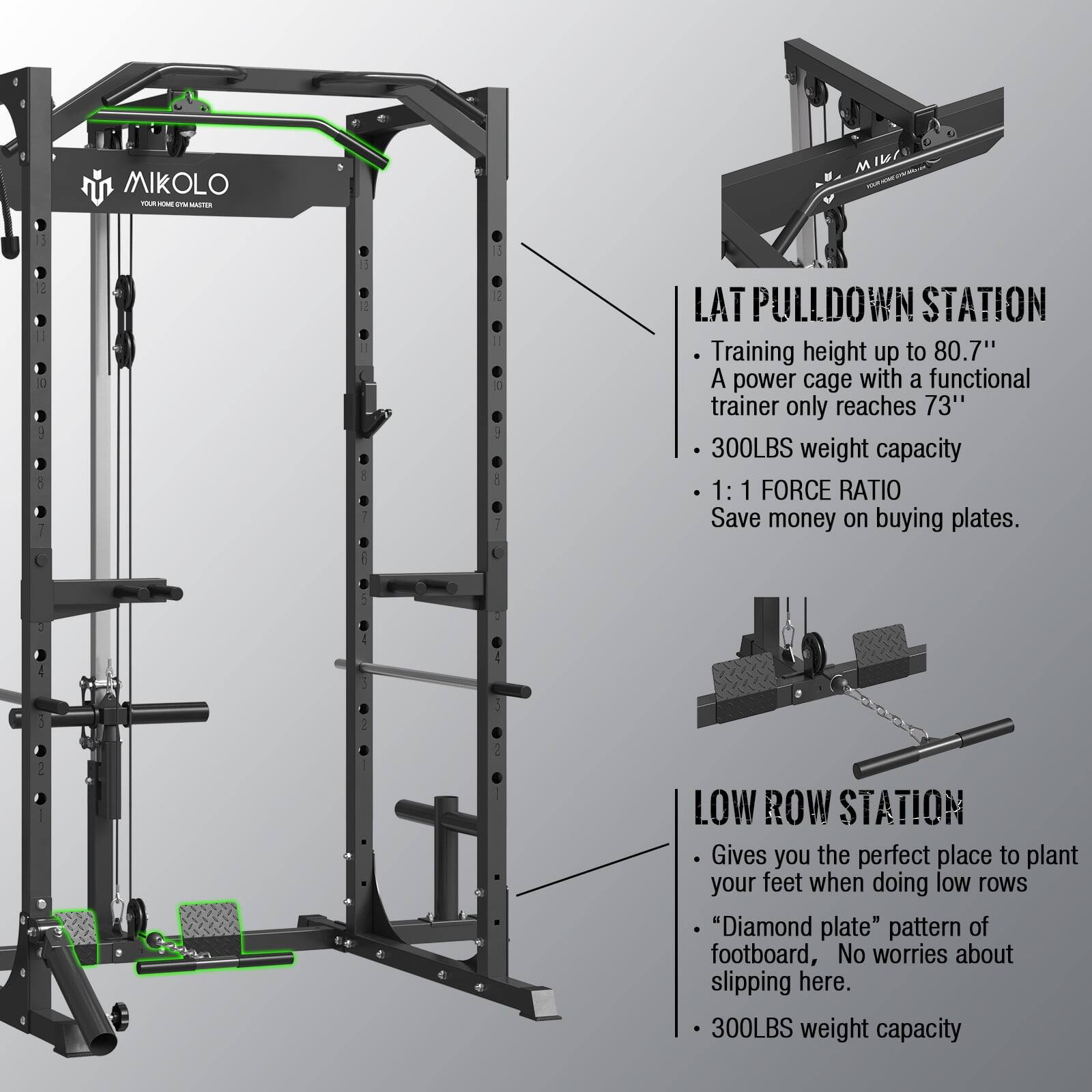 Mikolo Power Rack Cage with LAT Pulldown System,1200 lbs Capacity Power ...