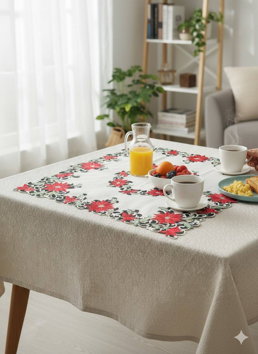 Jiallo Christmas Poinsettia Embroidered Cutwork Square Tablecloth, 44 ...