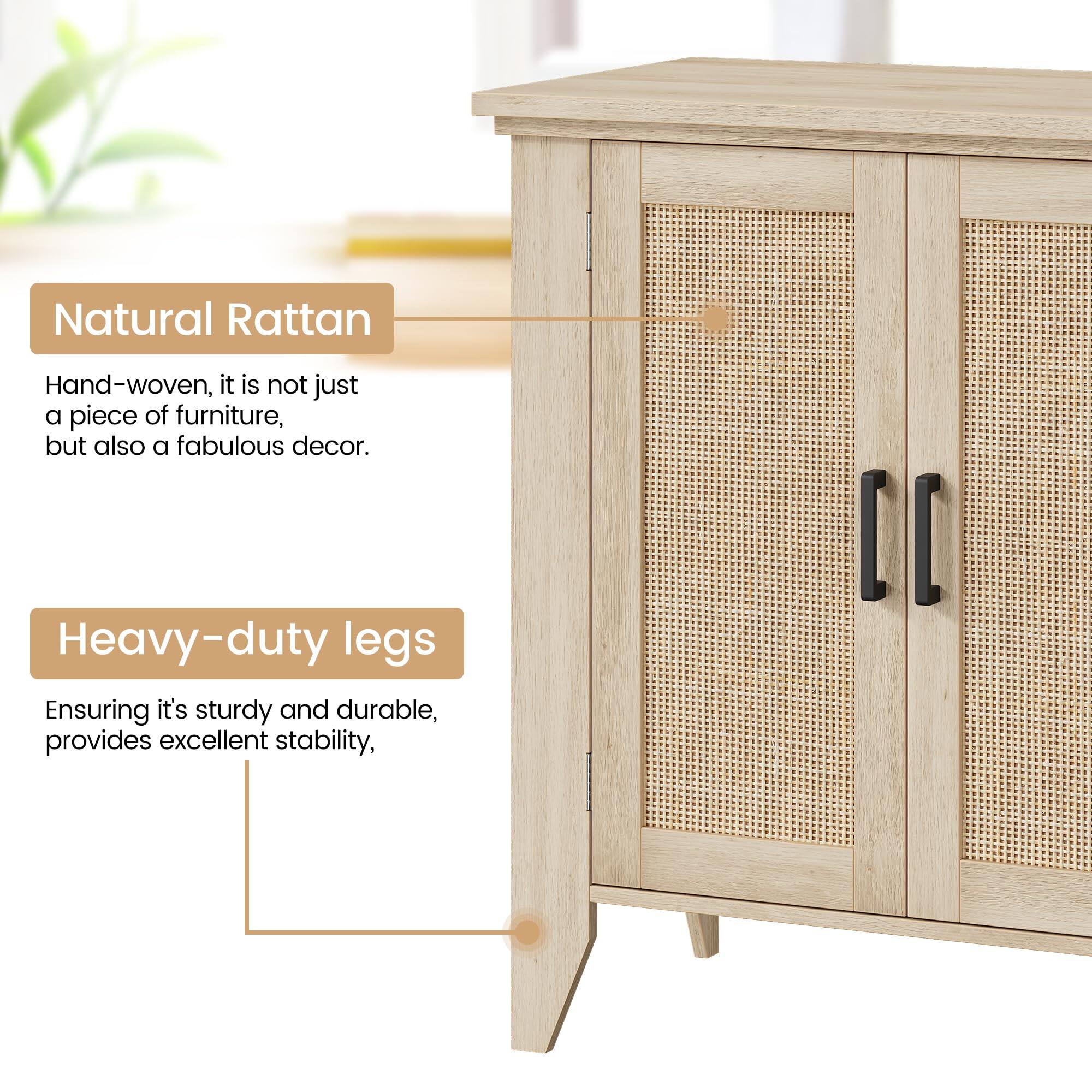 Qeetex Rattan Sideboard Buffet Cabinet with Adjustable Shelf & Storage ...