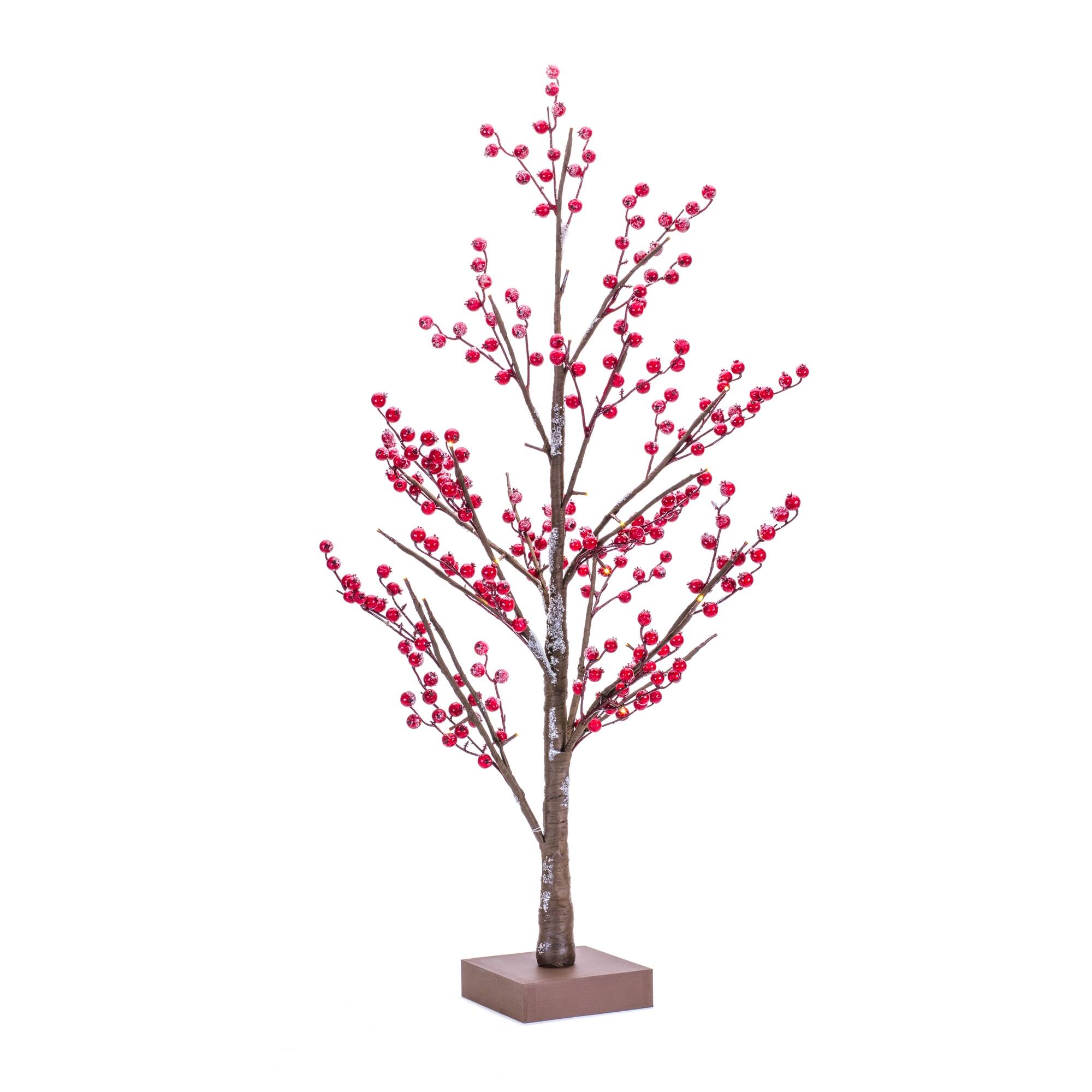 BreeBe LED Lighted Frosted Berry Twig Tree with Base 38"H Red, Brown ...