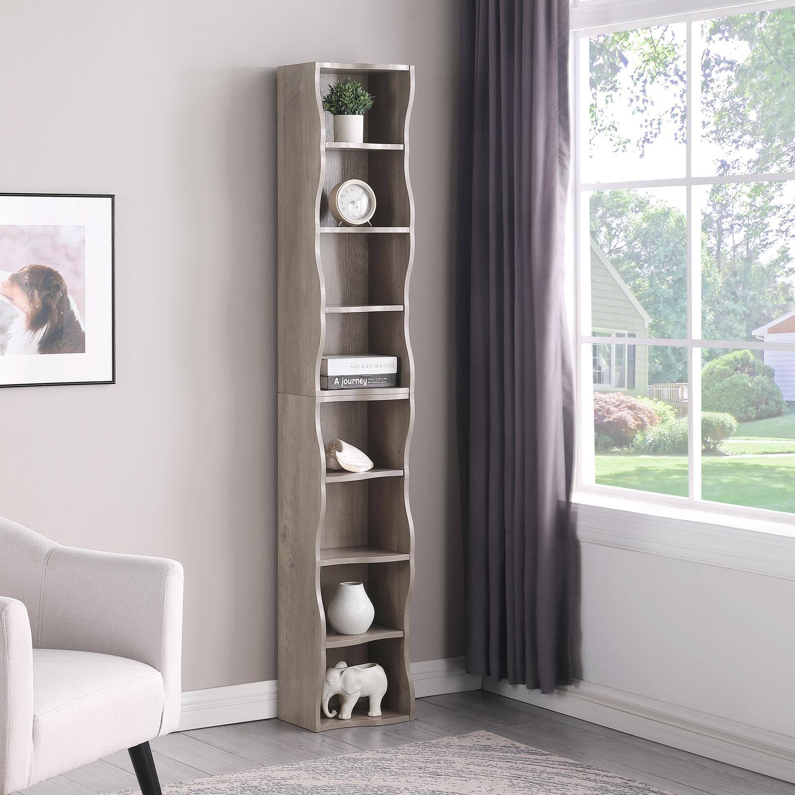 Spaco Wavy Border Bookshelf 8 Tier, Adjustable Shelves Slim Storage for ...