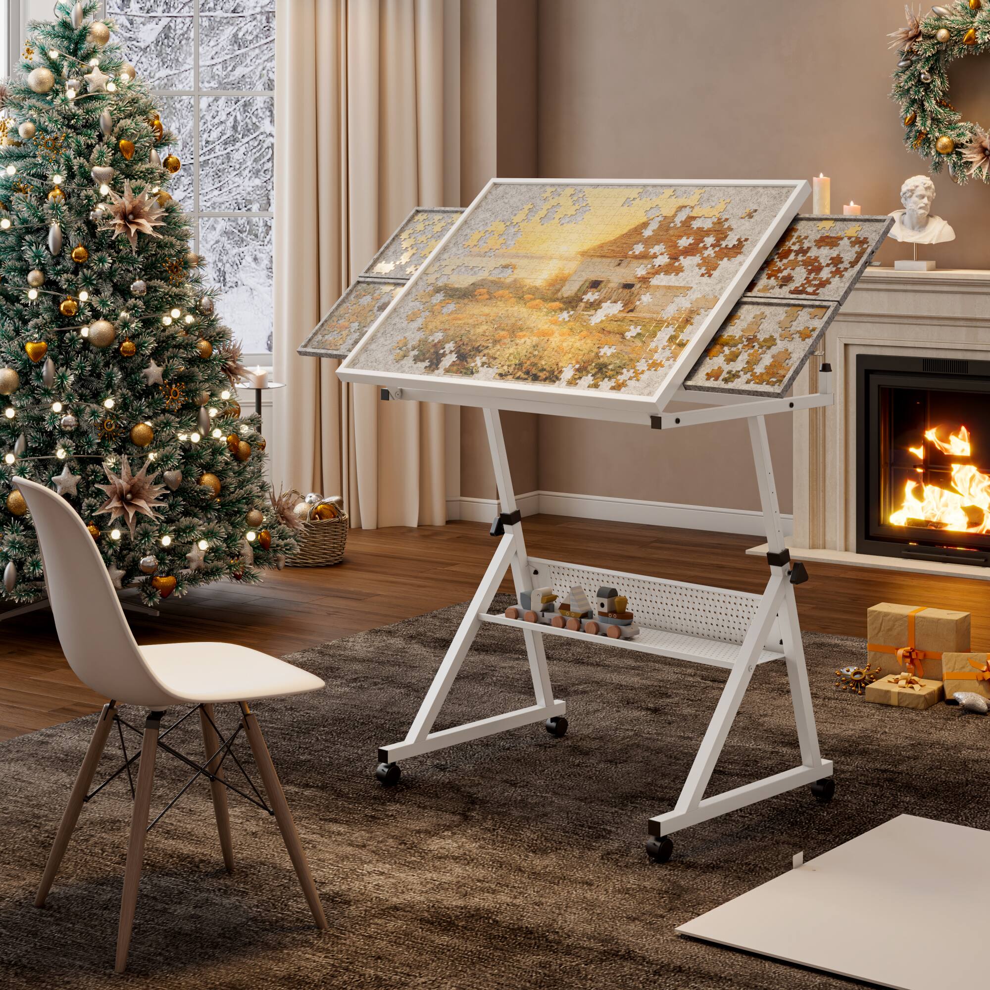 GOODSILO Adjustable Height Puzzle Table with Storage Trays and Rolling ...