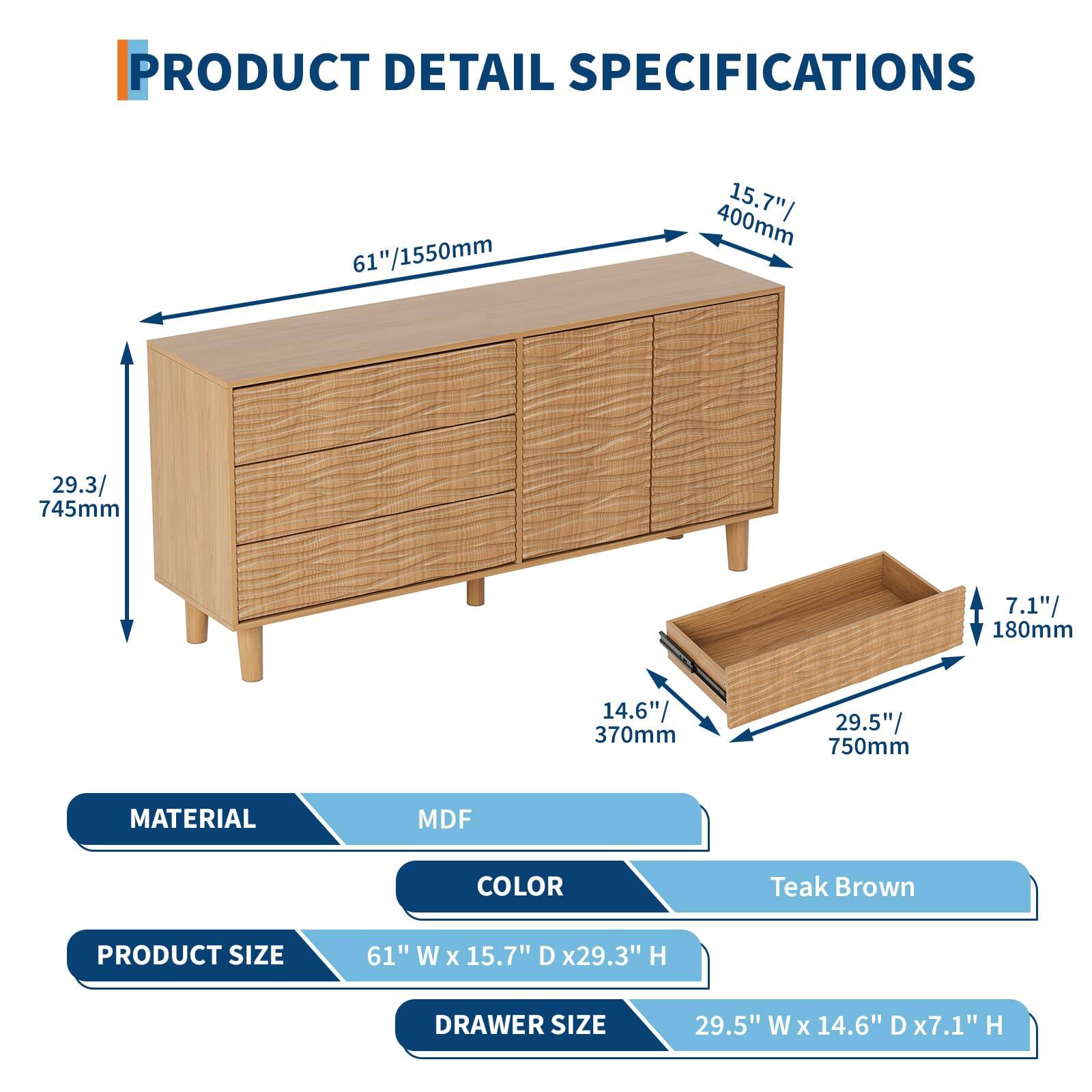 Babevy 61'' Sideboard Buffet Cabinet, Mid Century Modern Storage ...