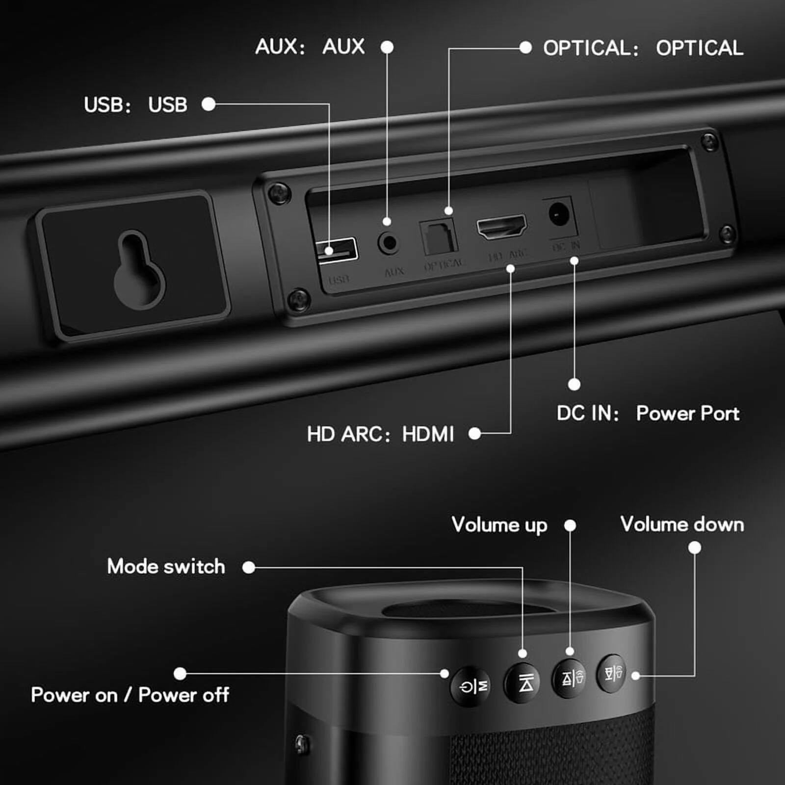 TOPVISION 100W Sound Bar for TV, 2.2CH Detachable TV Sound Bar with Subwoofer, Bluetooth/HDMI ...