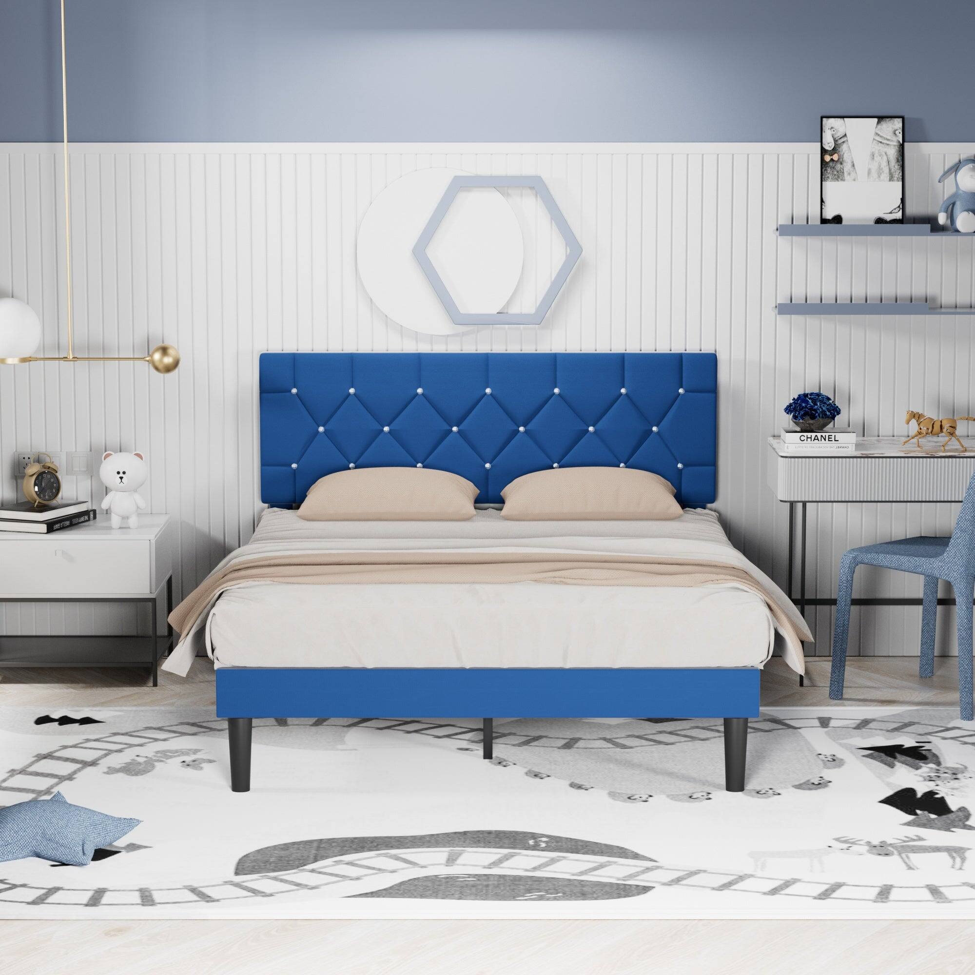 Vecelo Full Bed Frame with Upholstered Headboard, Heavy Duty Wooden Bed ...