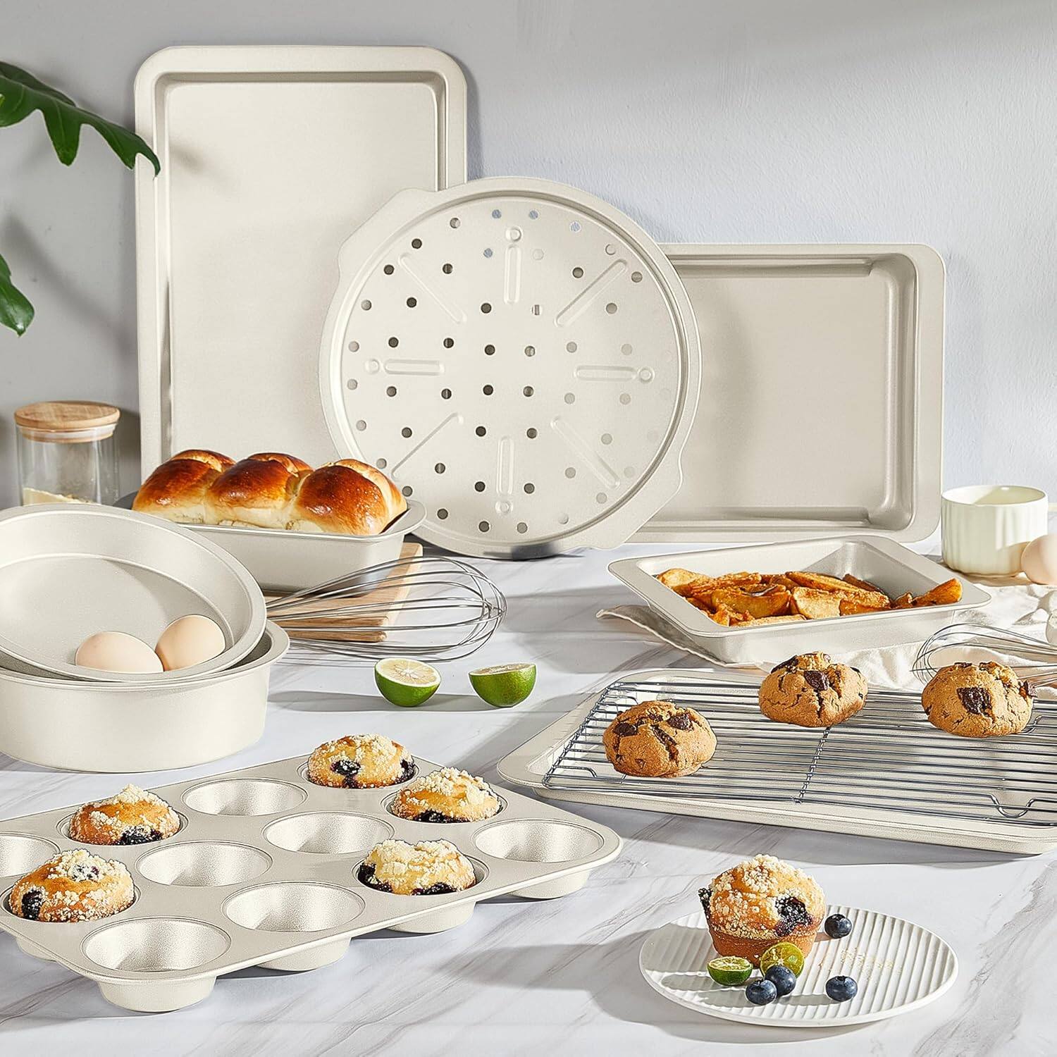 HONGBAKE 10 Pieces Bakeware Sets Including Rack, Cookie Sheet, Cake ...