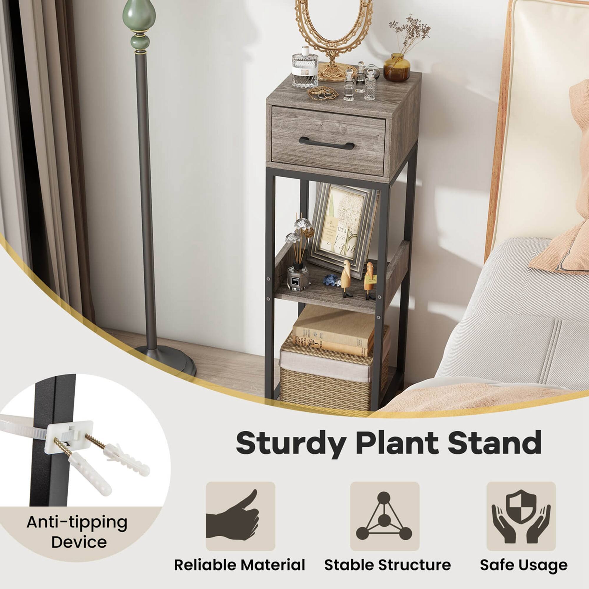 Costway 1 Pack 3 Tier Indoor Tall Plant Stand with Drawer Anti tipping ...