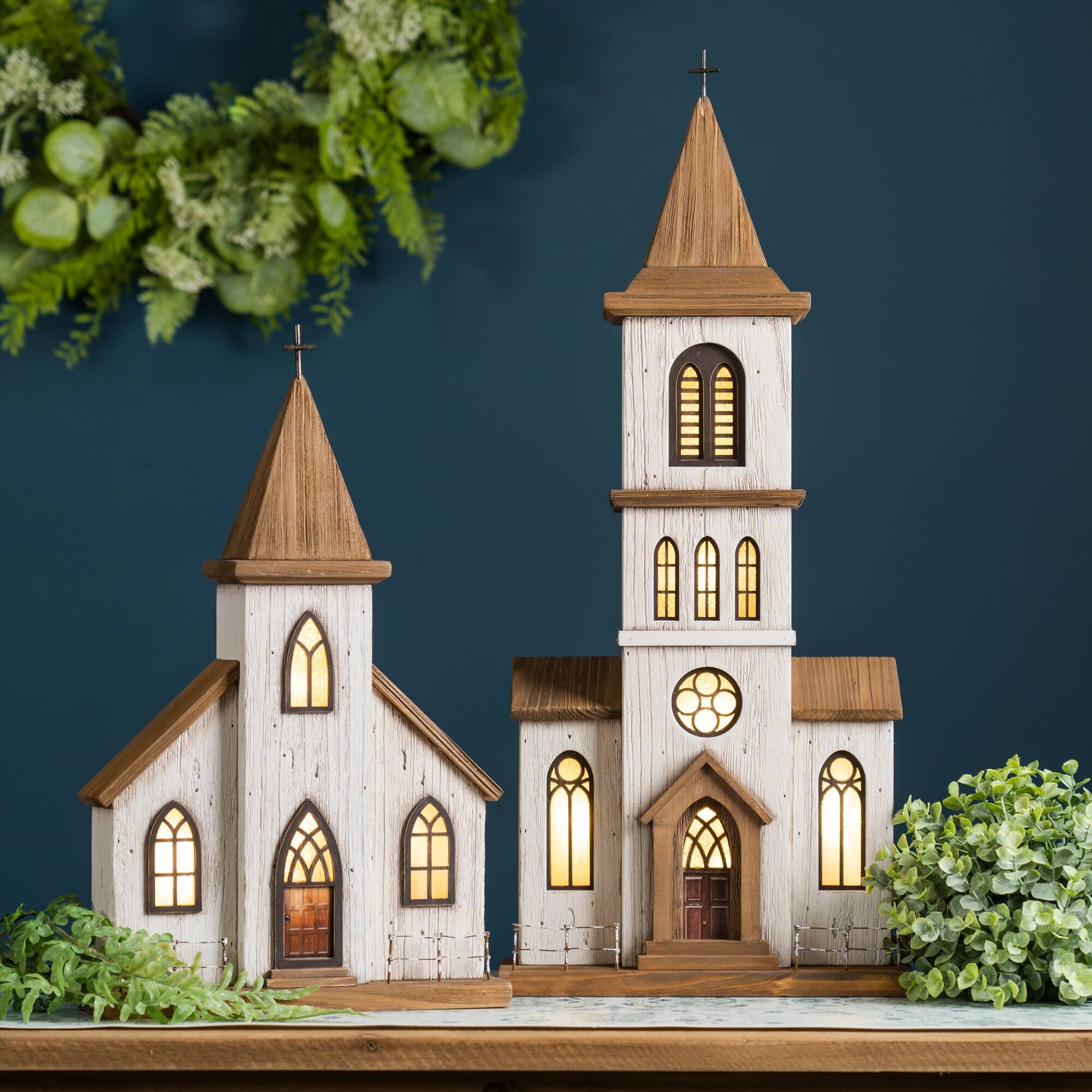 BreeBe Lighted Natural Wooden Church Display with Rustic Metal Accents ...