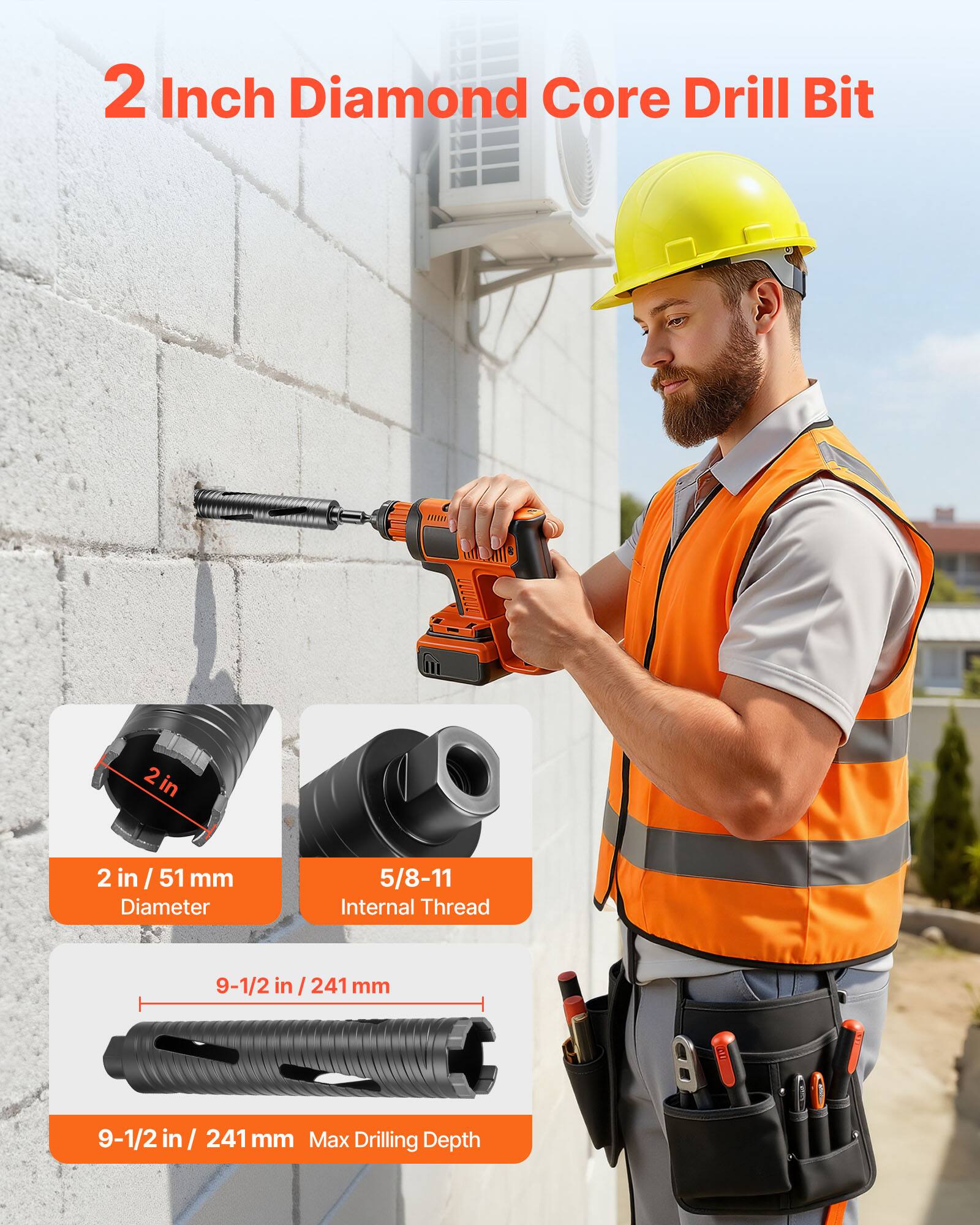 VEVOR Core Drill Bit, 2 inch Diameter, 9 1/2 inch Drilling Depth, 5/8 ...