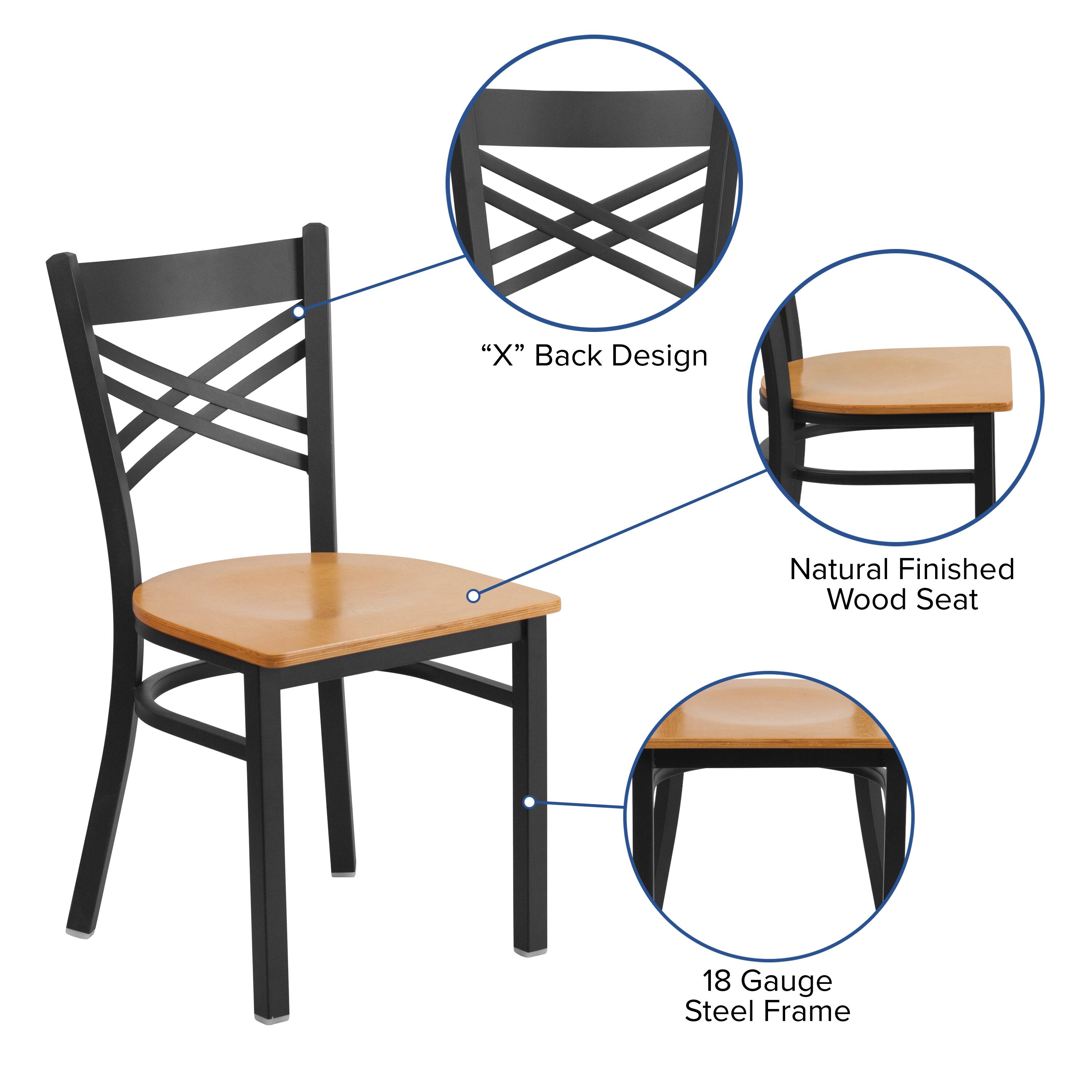 Emma + Oliver "X" Back Metal Restaurant Dining Chair Natural Wood Seat ...