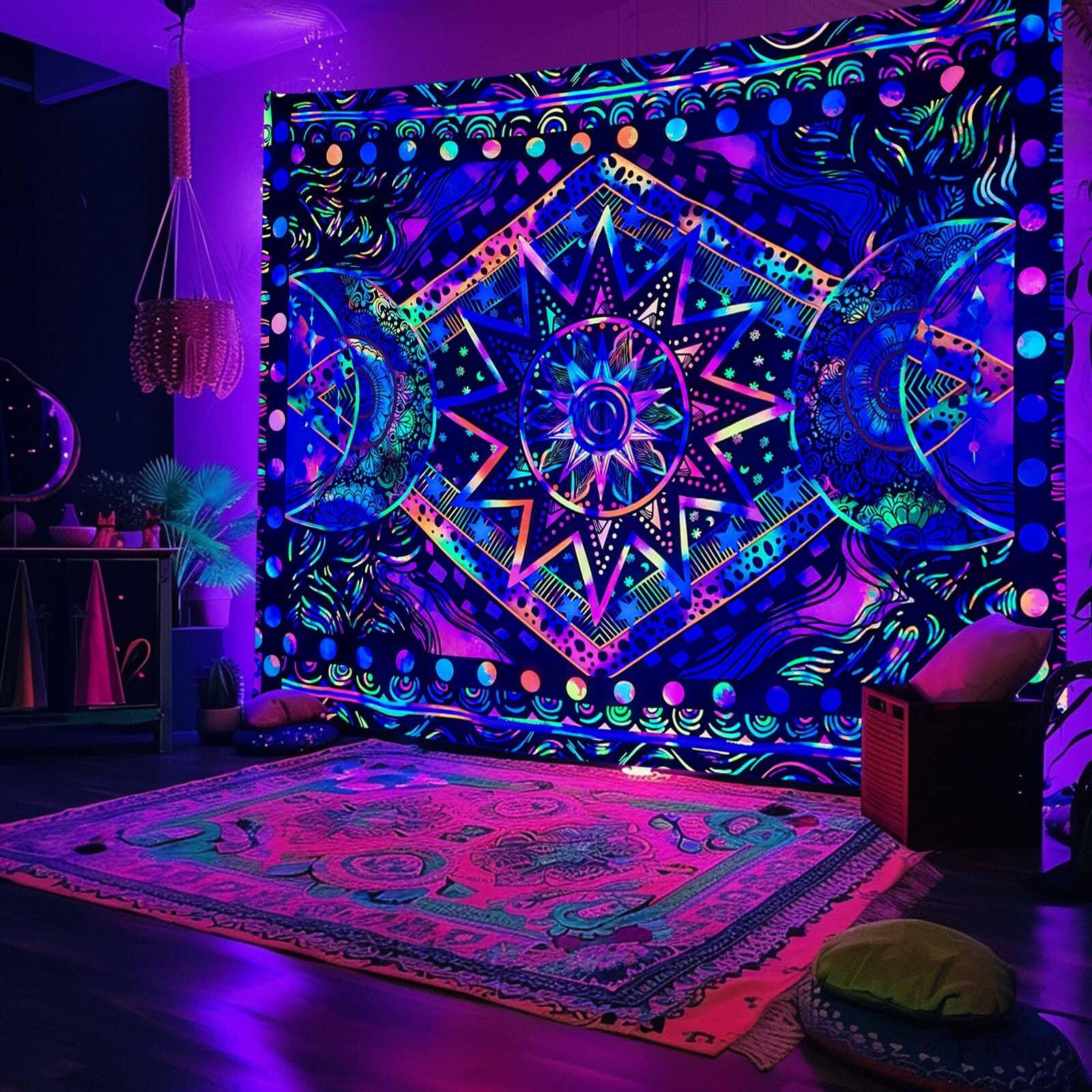Dapper Styles Blacklight Sun And Moon Tapestry Glow In The Dark Neon ...