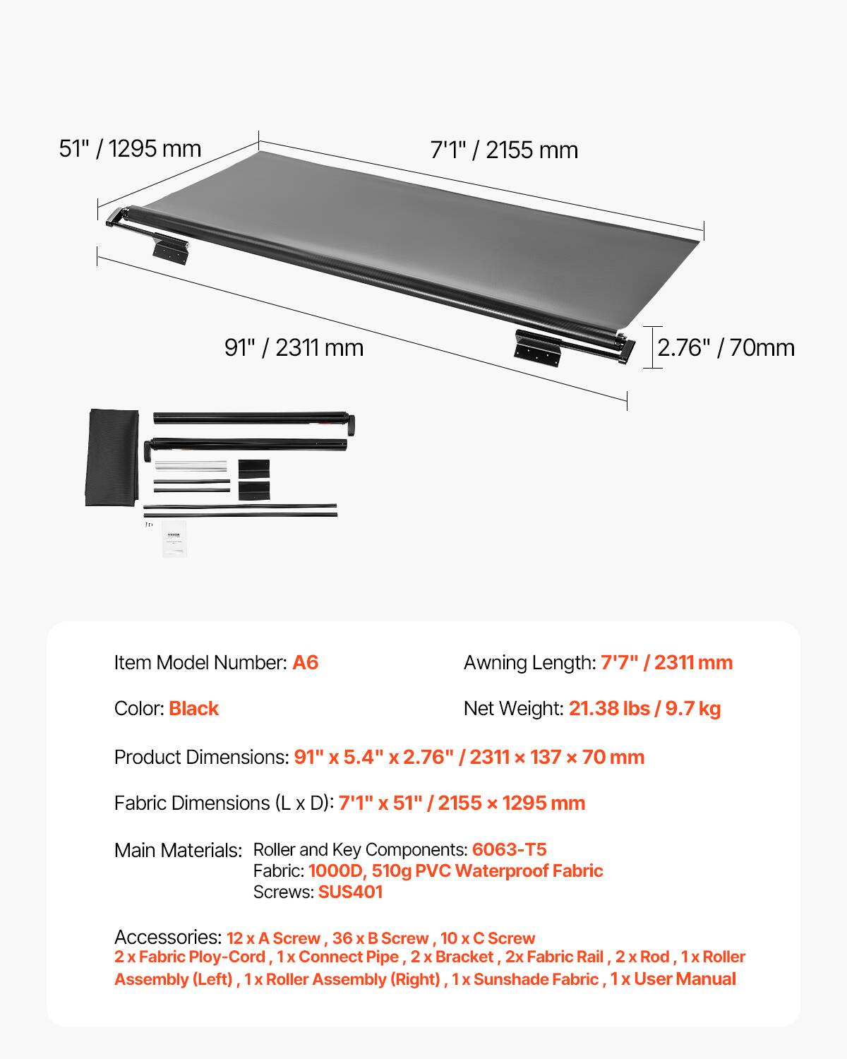 VEVOR Camper Awning Fabric Replacement, 1" to 7', Weatherproof Durable ...