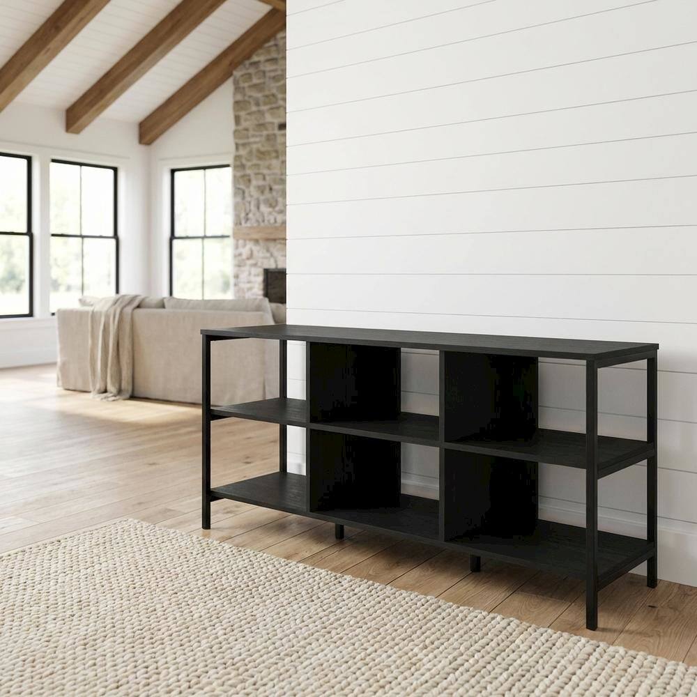 FurniFact Modern black TV stand with open shelves for entertainment ...