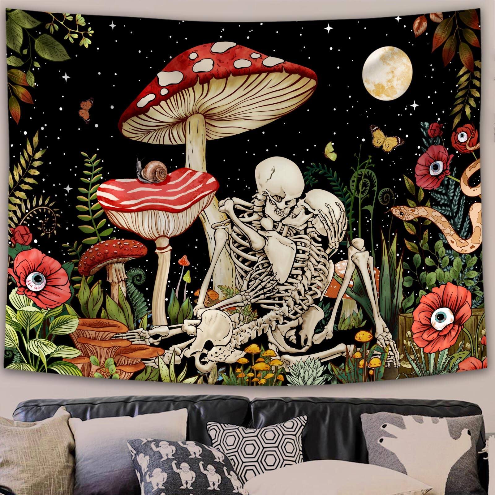 Dapper Styles Mushroom Tapestry Skeleton Floral Plant Flower Aesthetic ...