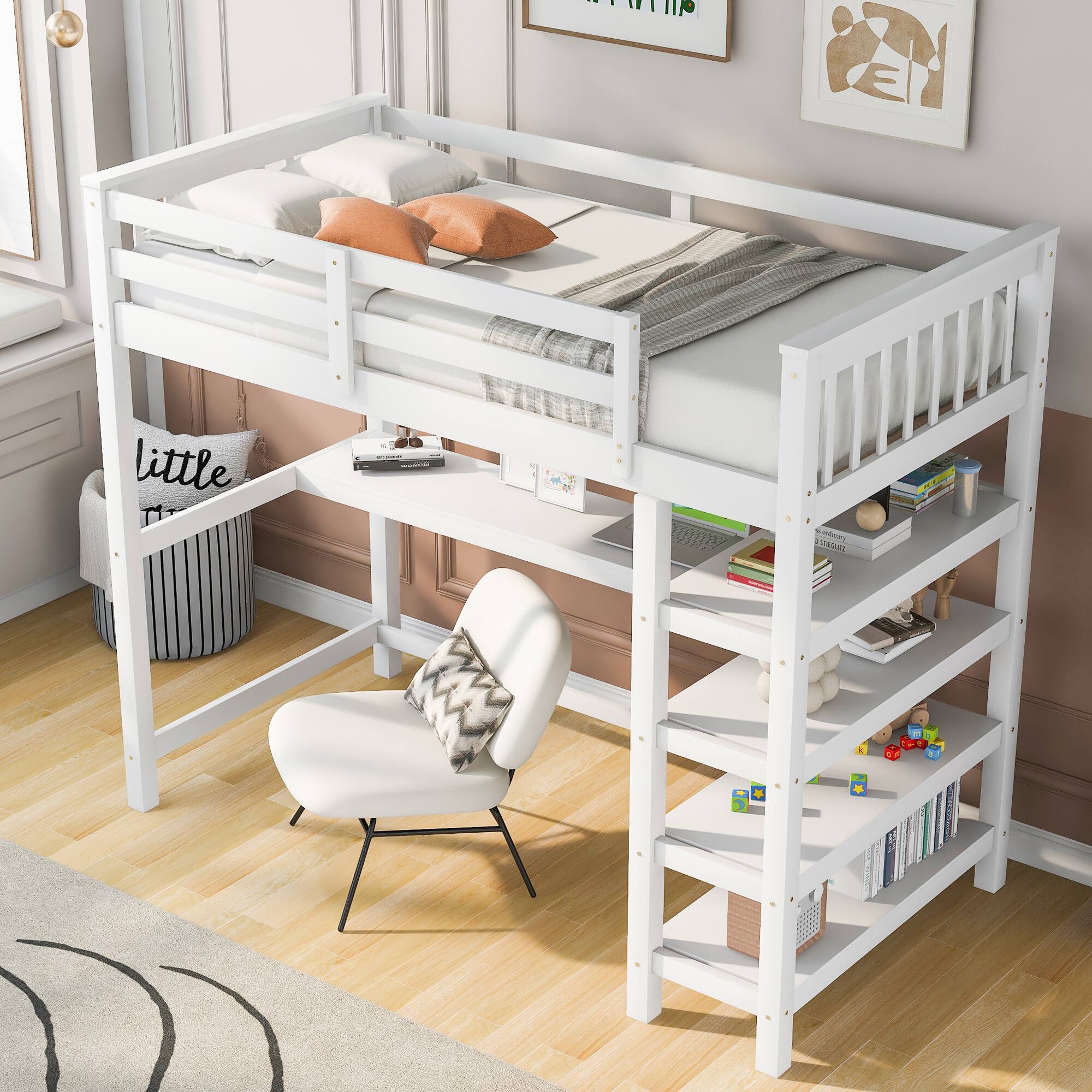 Spaco Twin Loft Bed with Under Bed Desk and Storage Shelves, Solid Wood ...