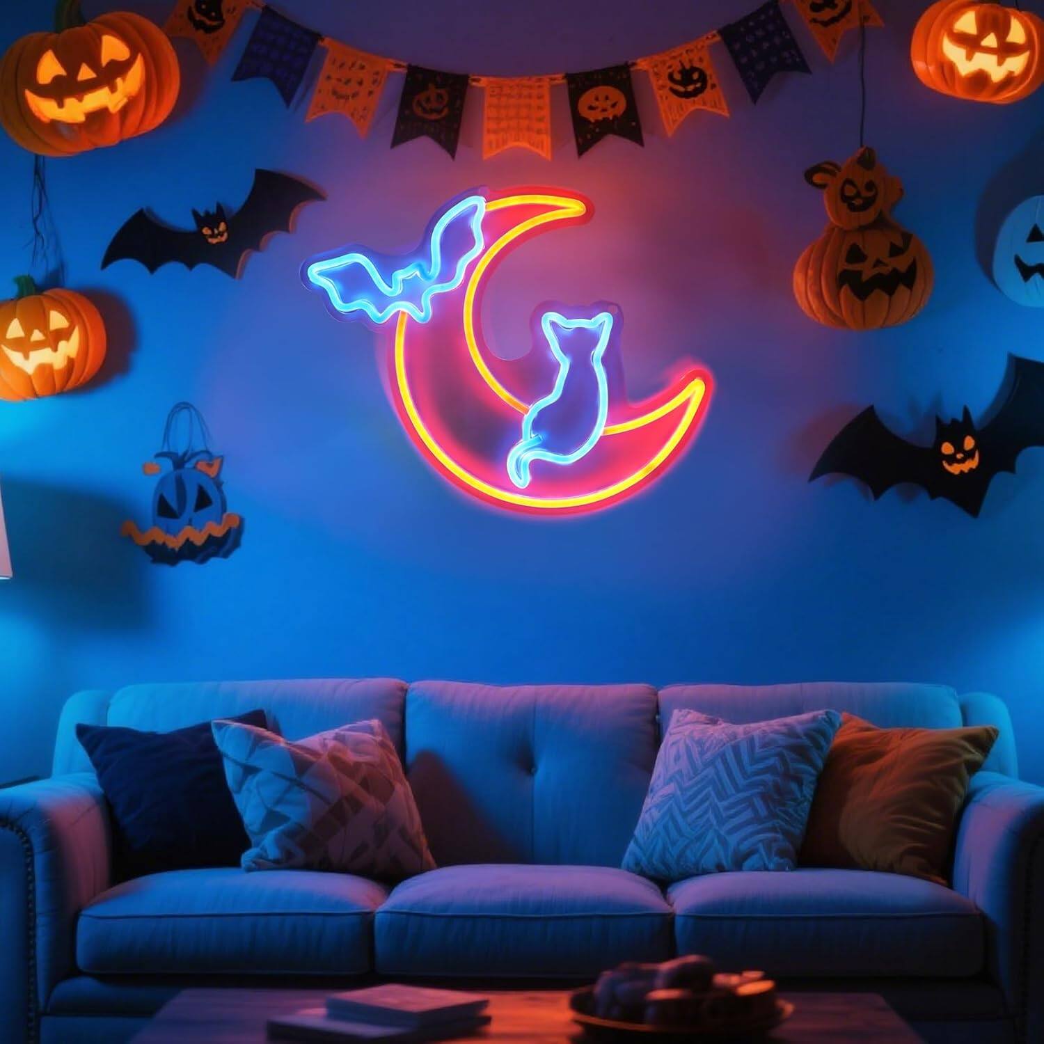 Auledio Halloween Neon Sign Wall Decor Moon&Bat&Cat Themed Halloween ...
