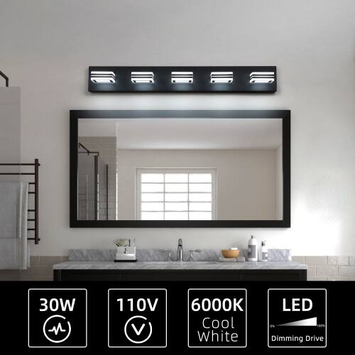 LUCKY ONE 32in Wall Mount LED Vanity Light, 5 Light Fixture with Square ...