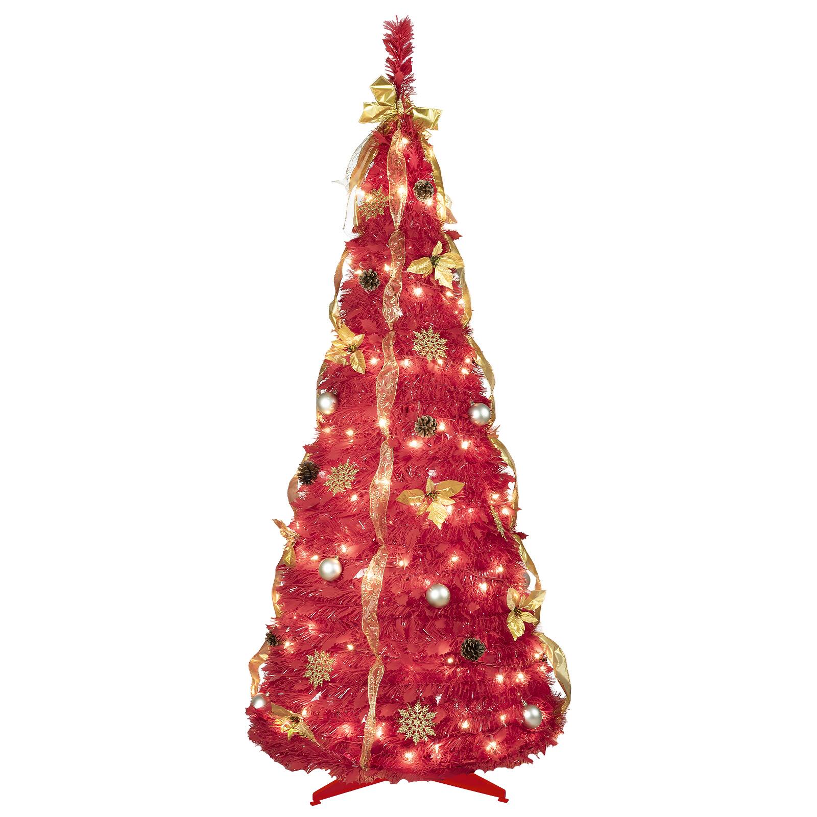 Ecooso 6FT Pop Up Christmas Tree，LED Lights, 4 Ribbons, Bow, Flowers ...
