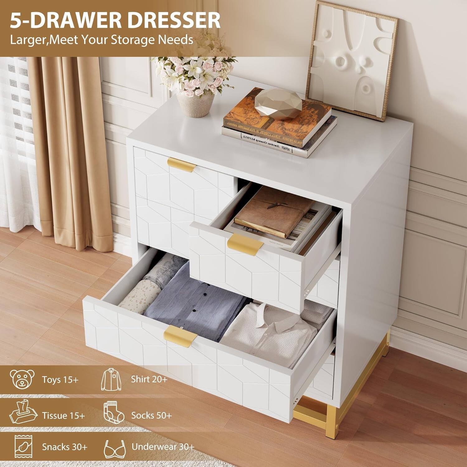 GARVEE 5 Drawer Dresser for Bedroom, Modern Chest Organizer with Metal ...