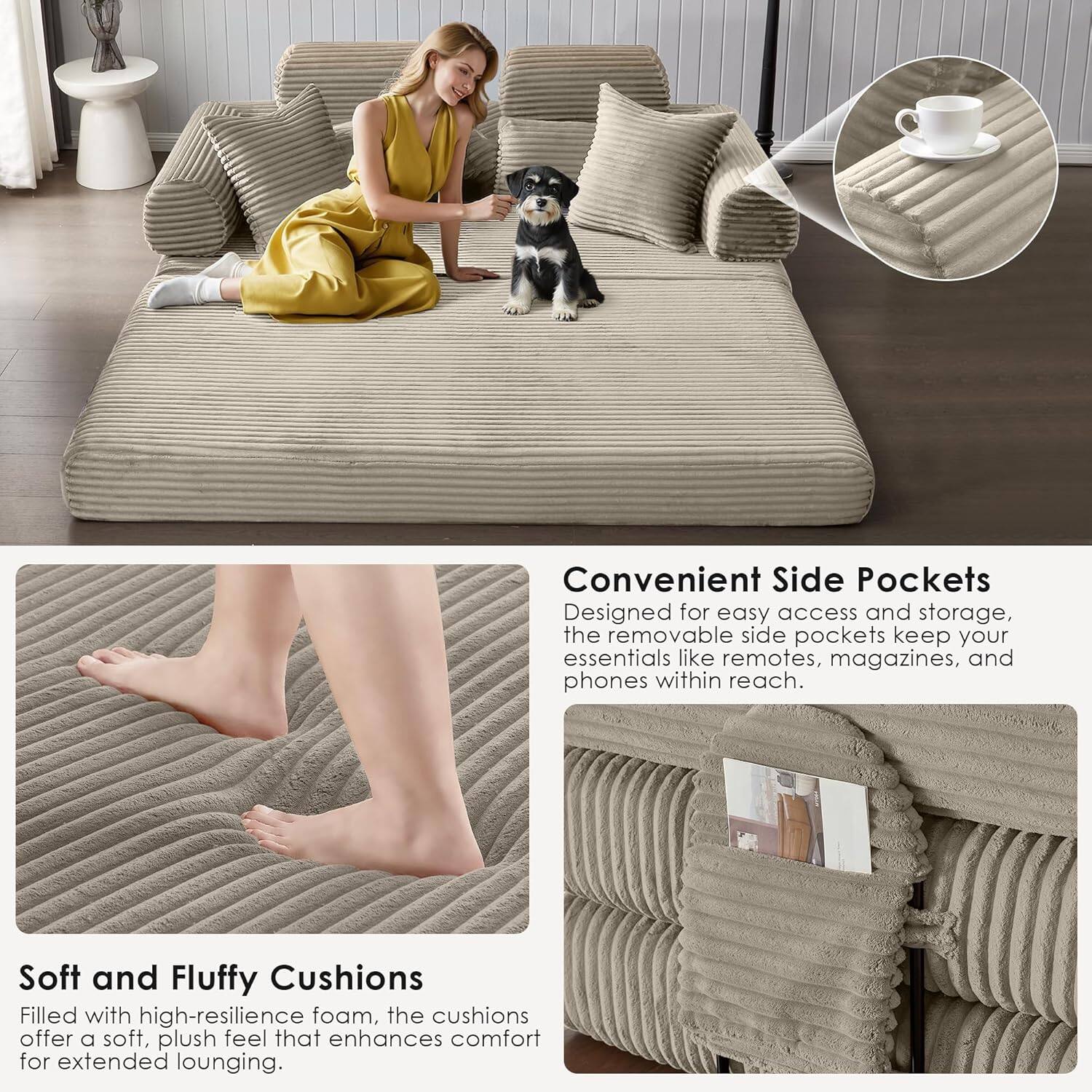 Tiramisubest Convertible Sleeper Sofa Bed,78.5" Corduroy Foldable Sofa ...