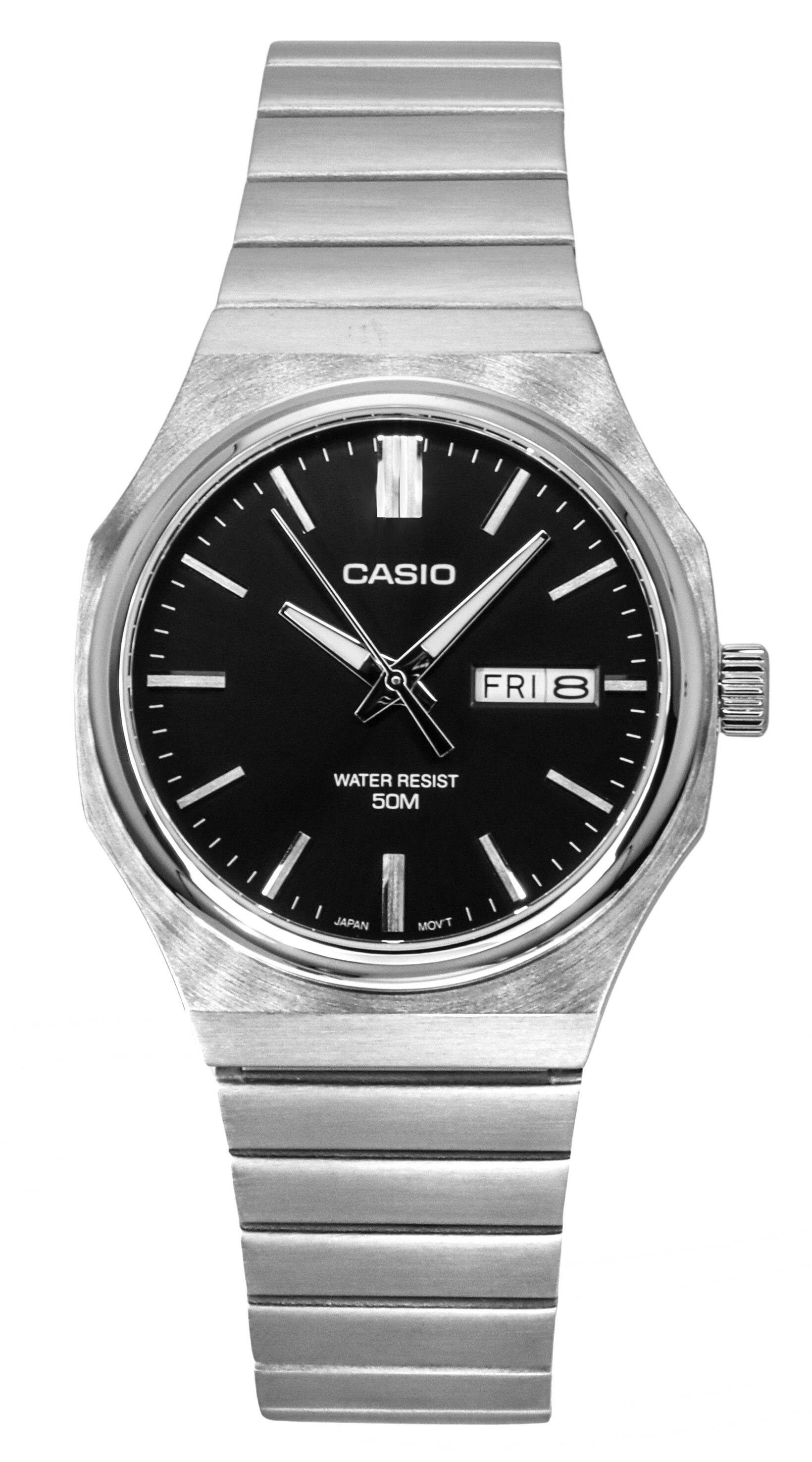 Casio Analog Quartz MTP E735D 1AV Mens Watch Stainless Steel Black Dial Day/Date Display 50M ...
