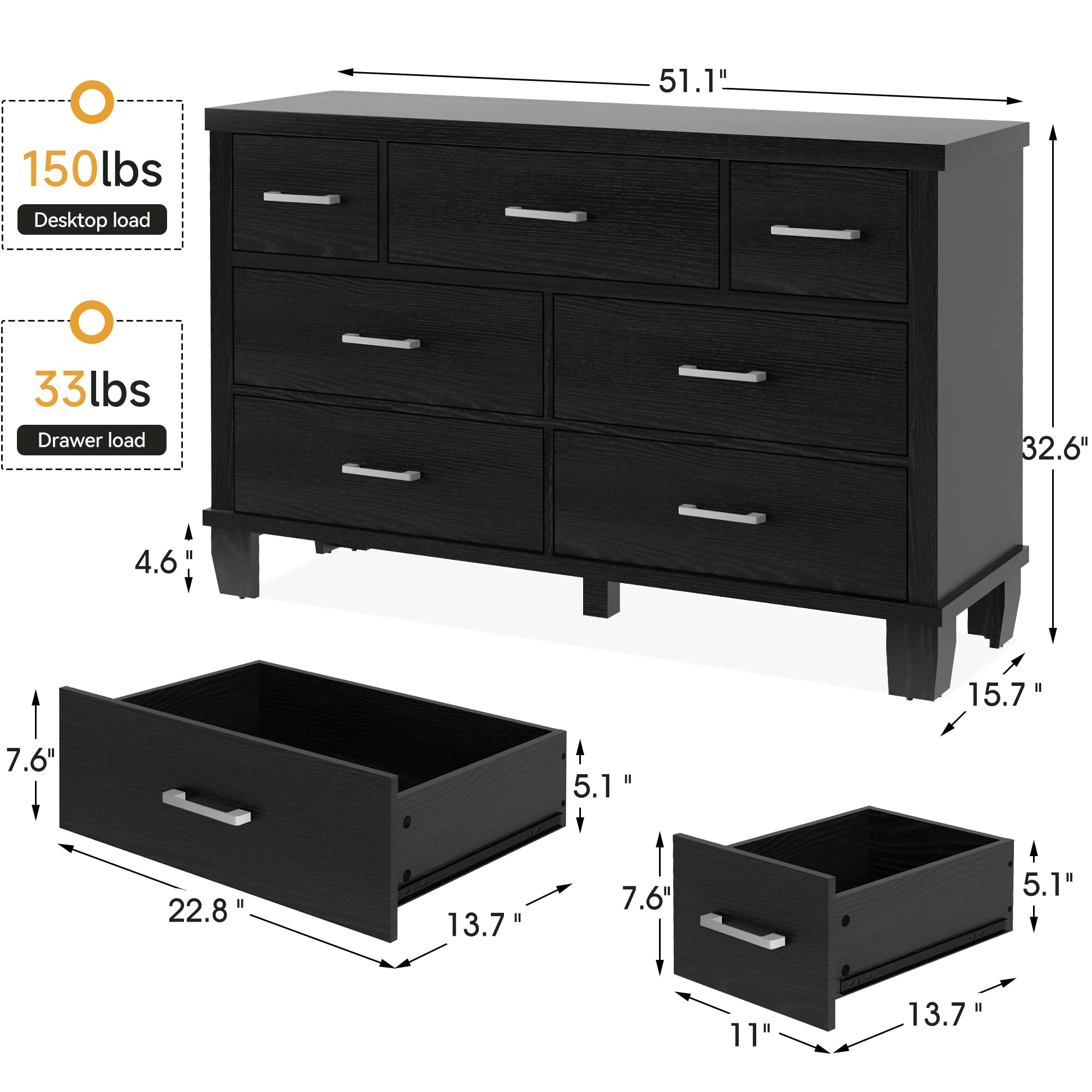 Jojoka 7 Drawer Dresser for Bedroom, 51" Wide Modern Wood Chest with ...