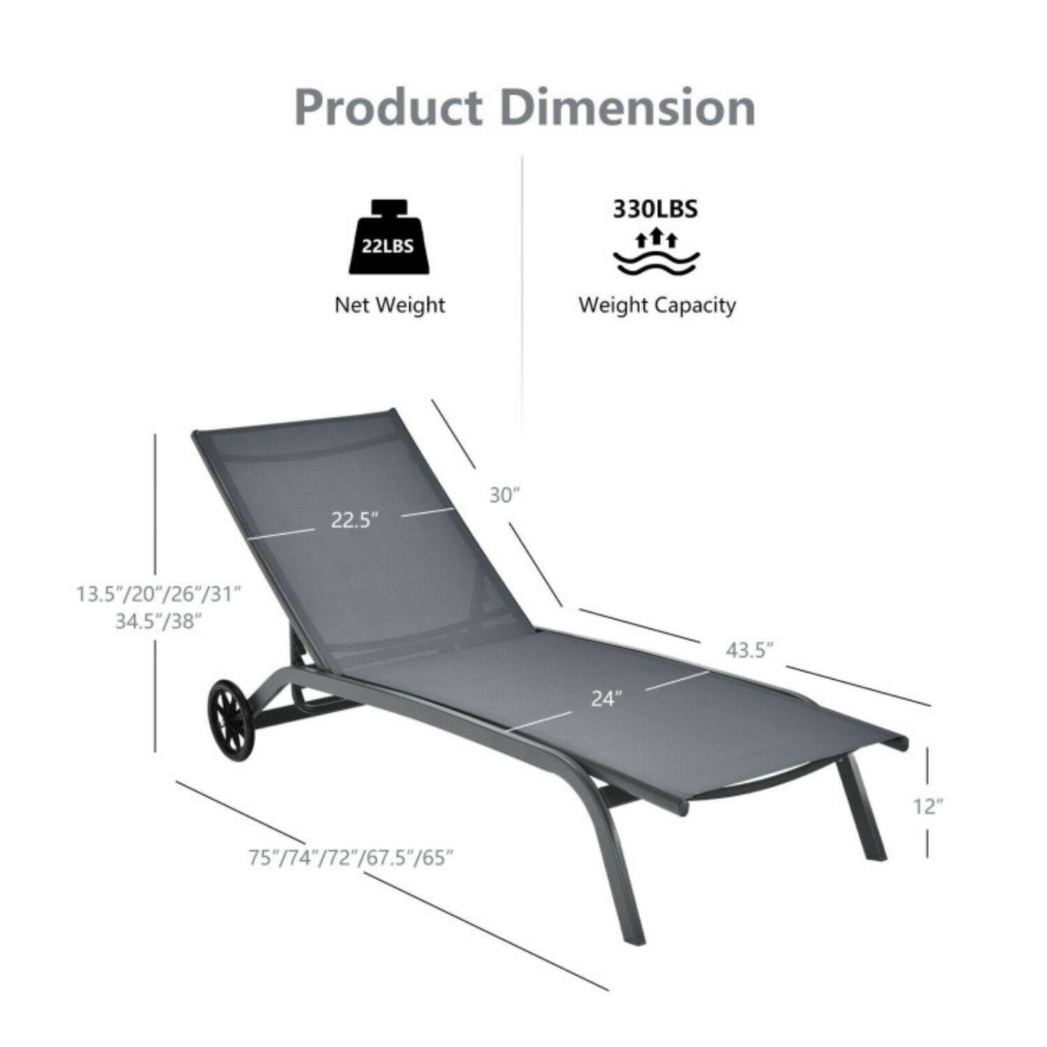 Mondawe 75" Outdoor Chaise Recliner w 6 Position Backrest & Wheels 330 ...