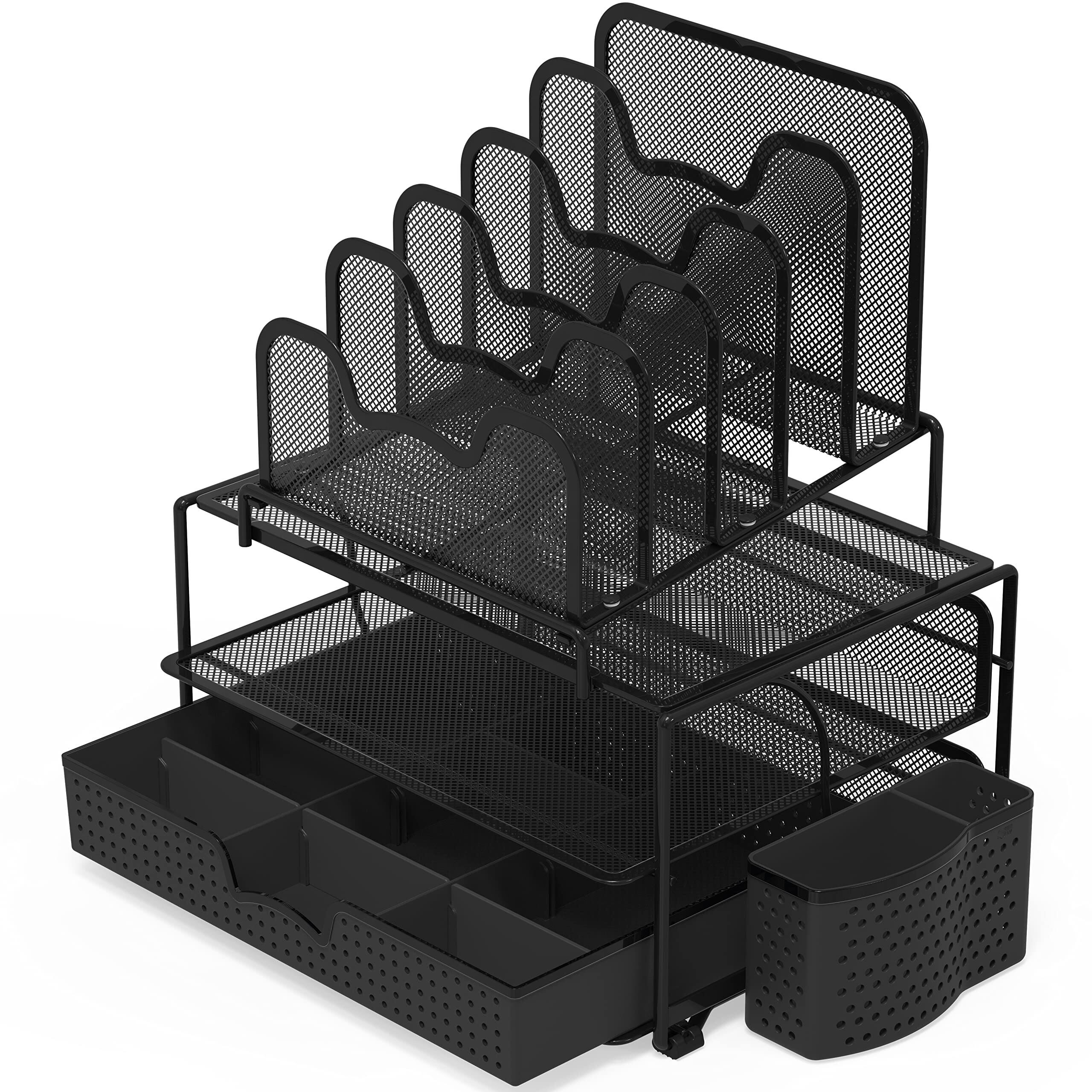 Paradigms Interiors Mesh Desk Organizer With Sliding Drawer Double Tray ...