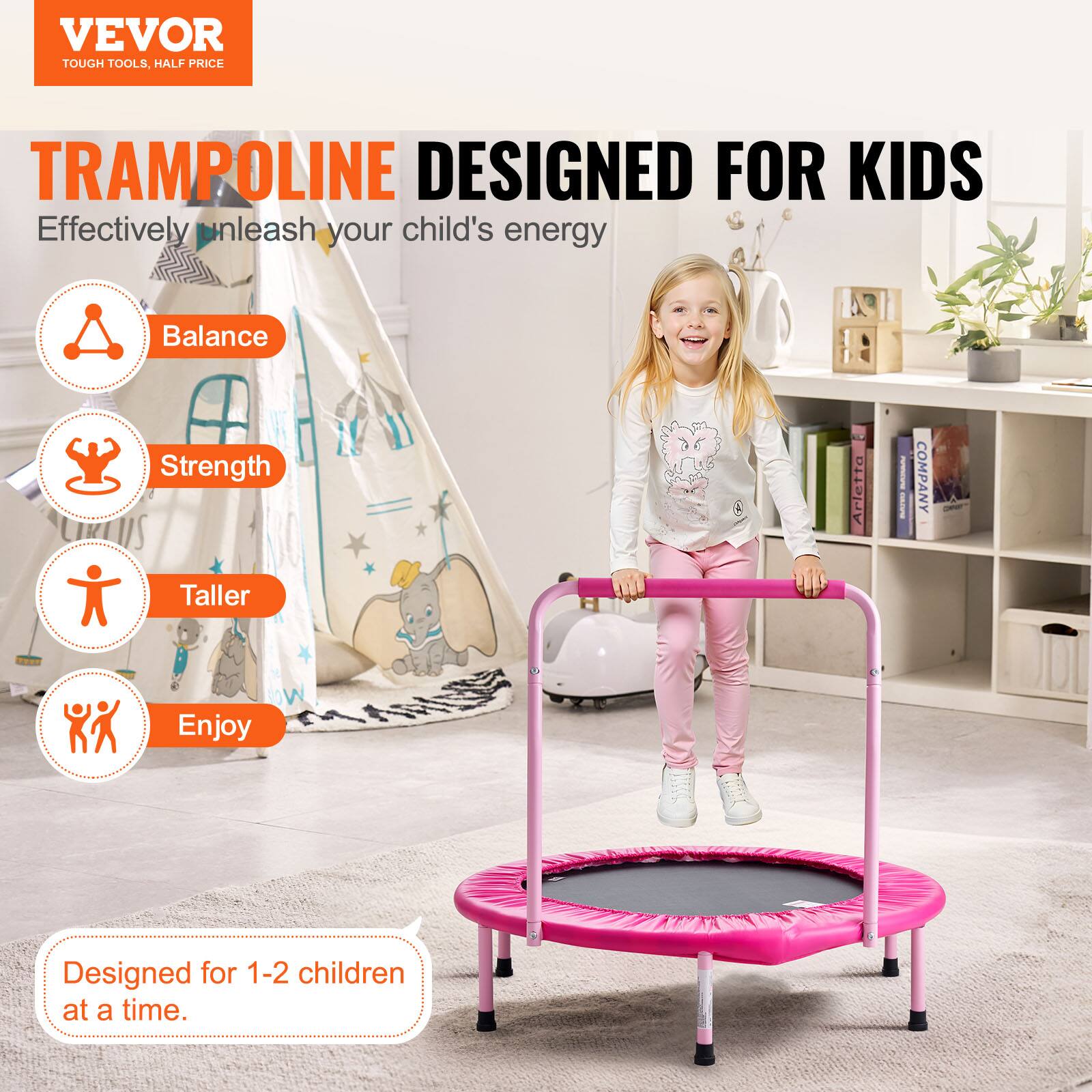 VEVOR 36" Kids Trampoline, 3FT Indoor Outdoor Trampoline, Foldable Mini ...