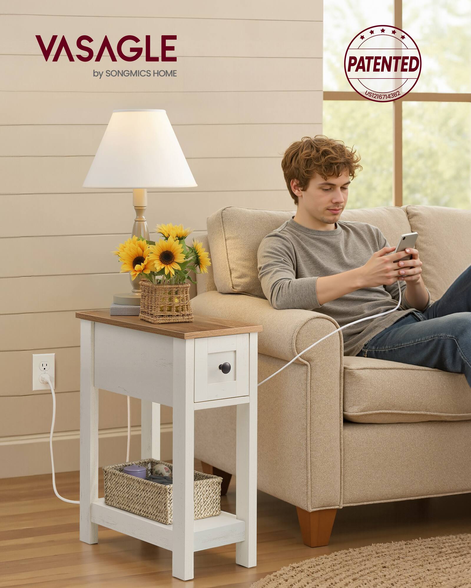 Songmics Home Farmhouse End Table with Storage Drawer, Narrow Side ...