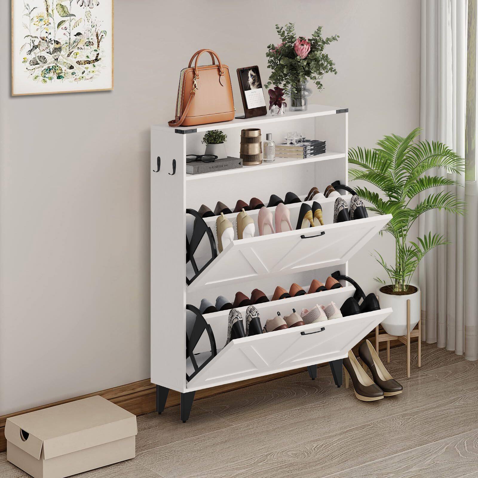 Babevy Farmhouse Style Slim Shoe Storage Cabinet with Flip Drawers ...