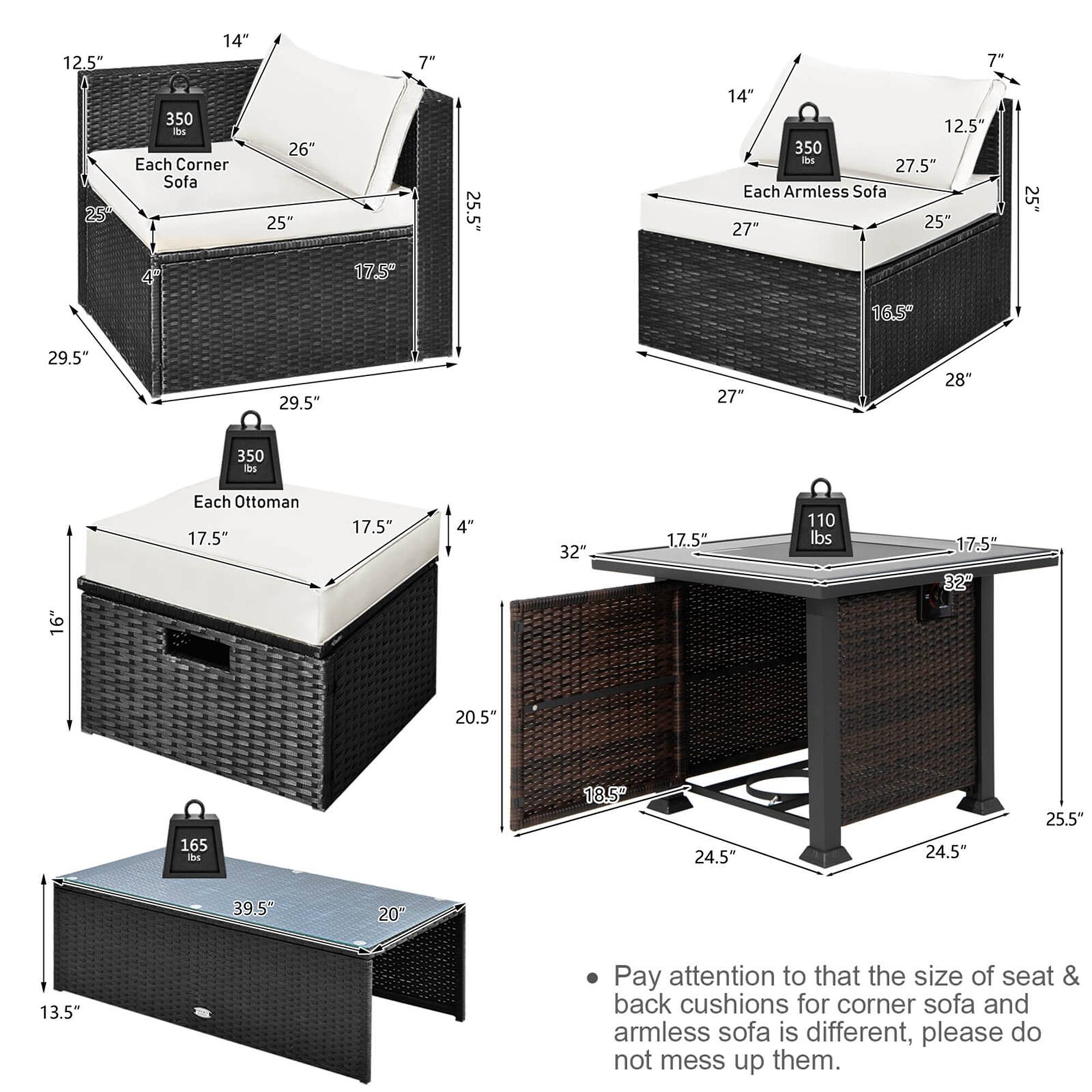 Costway 9 PCS Patio Furniture Set with 32" Fire Pit Table 50,000 BTU ...