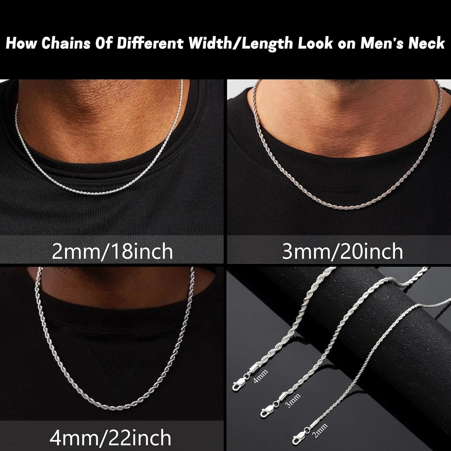 Live At Space Men's Silver Rope Chain 4mm 22 Inch Waterproof Necklace ...