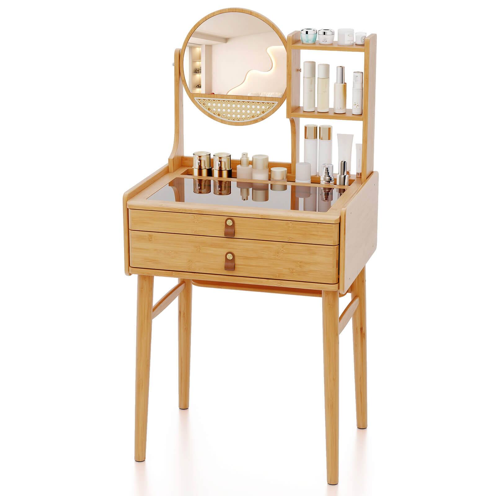 Costway 23.5" Compact Makeup Table with 2 Drawers Open Storage Shelves ...
