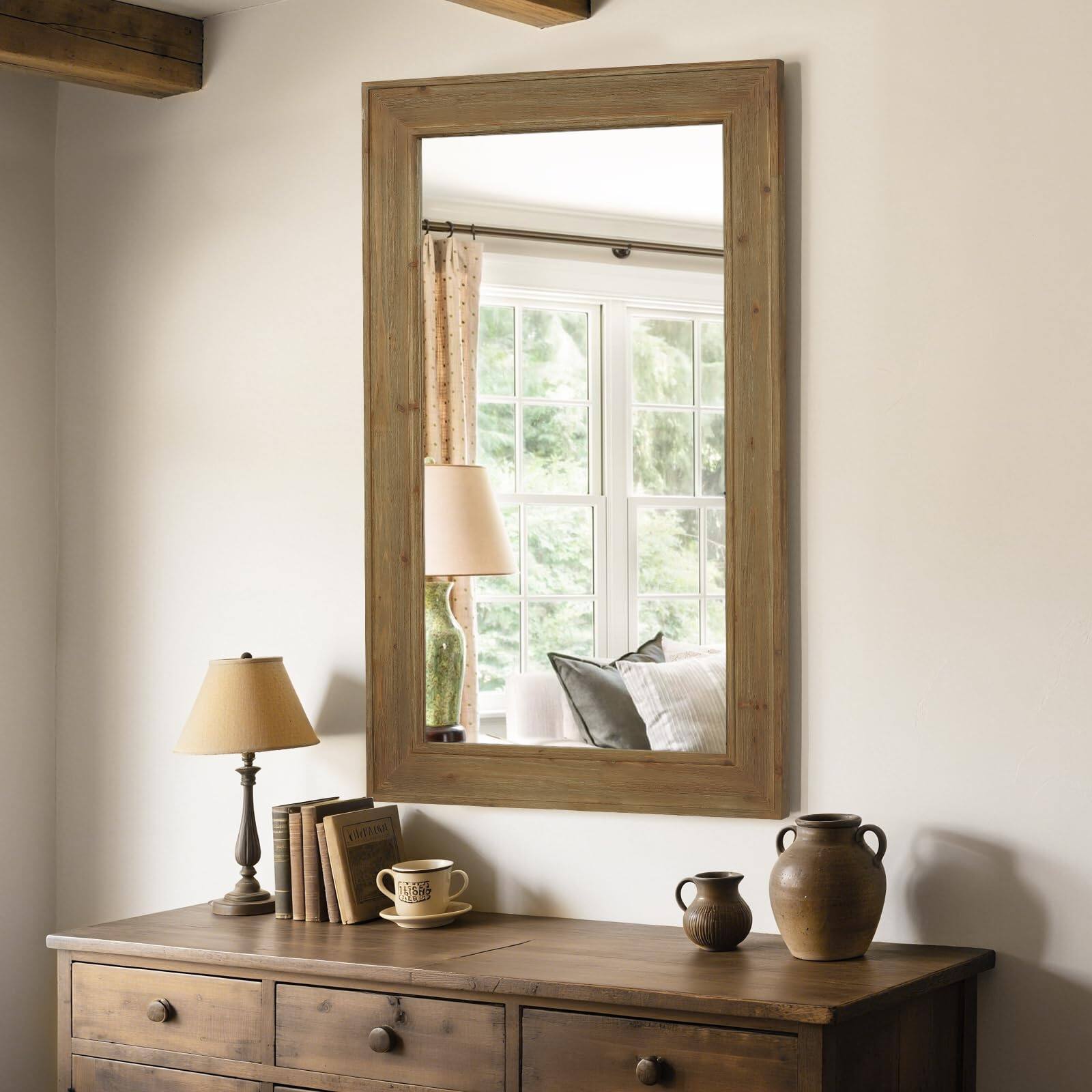 TECH SAFARI Rustic Wood Framed Mirror Farmhouse Decorative Wall Vintage ...