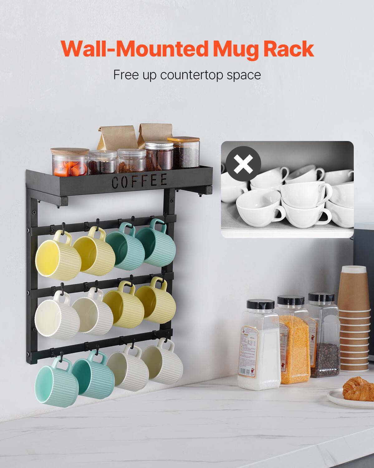 VEVOR Coffee Mug Holder Wall Mounted, 12 Movable Hooks Coffee Cup ...