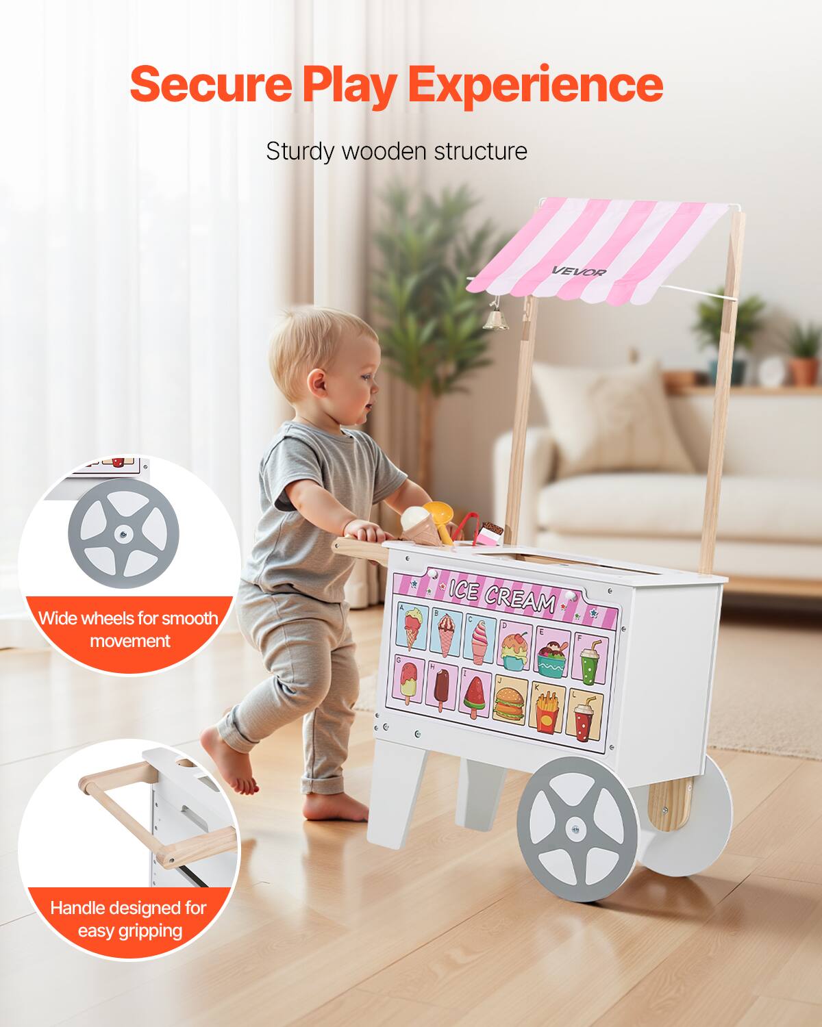 VEVOR Ice Cream Cart for Kids, 20+ PCS Accessories, Pretend Play Ice ...