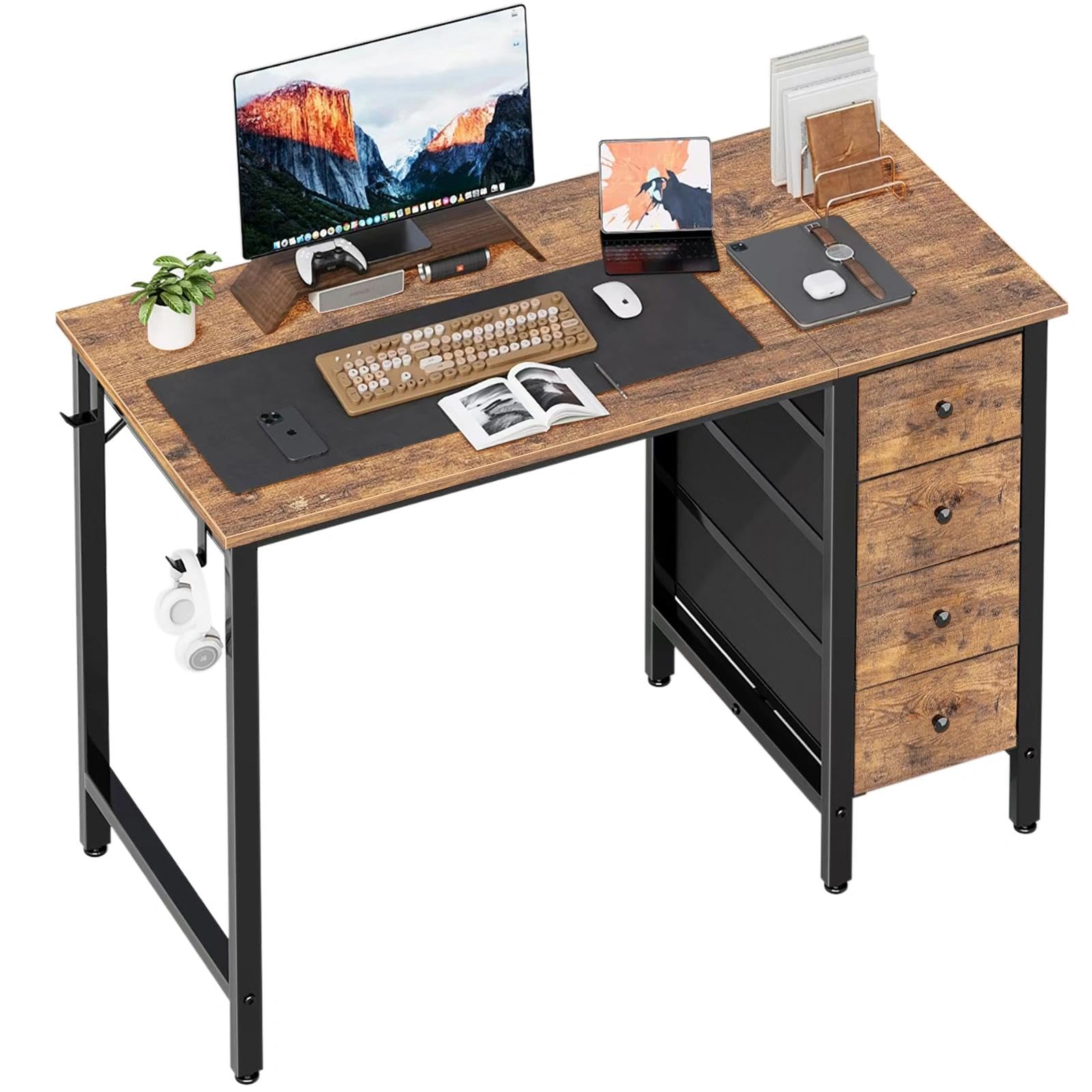 METALTON Computer Desk With 4 Fabric Drawers Student Reversible Small ...