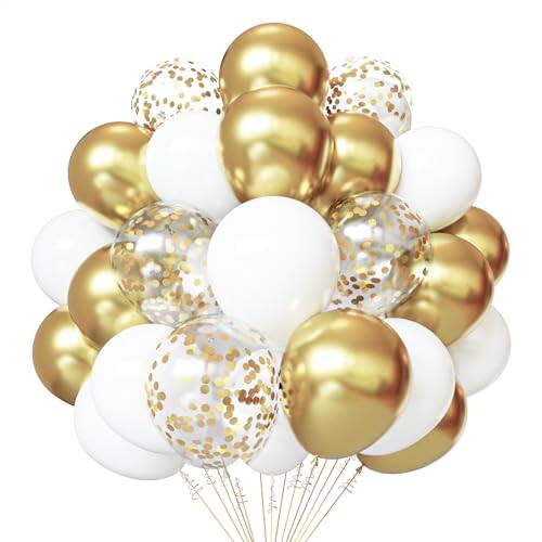 DORLUKFU White and Gold Confetti Latex Balloons, 50 Pack 12 inch gold ...
