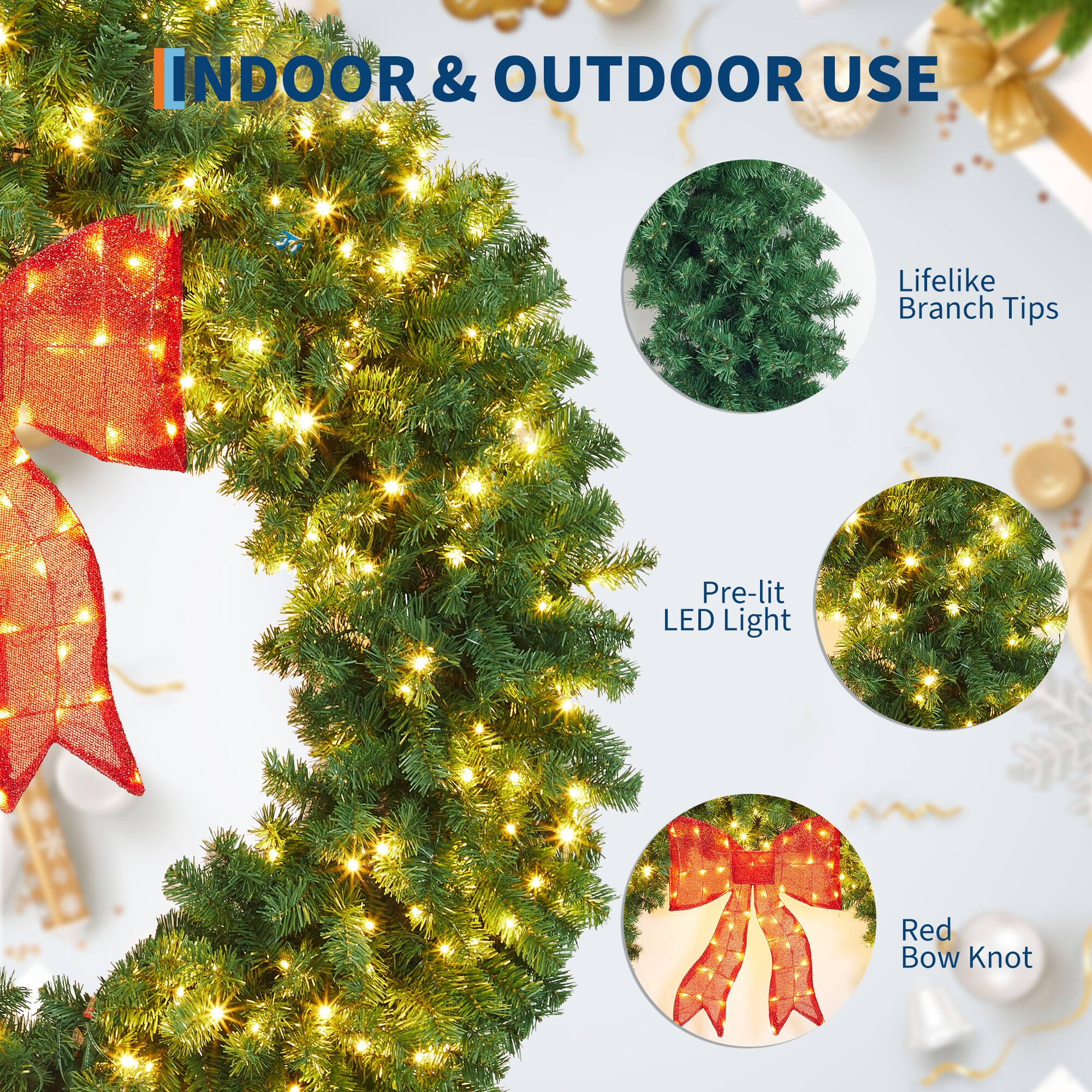 Qeetex 120cm Large Pre lit Artificial Christmas Wreaths Decoration ...