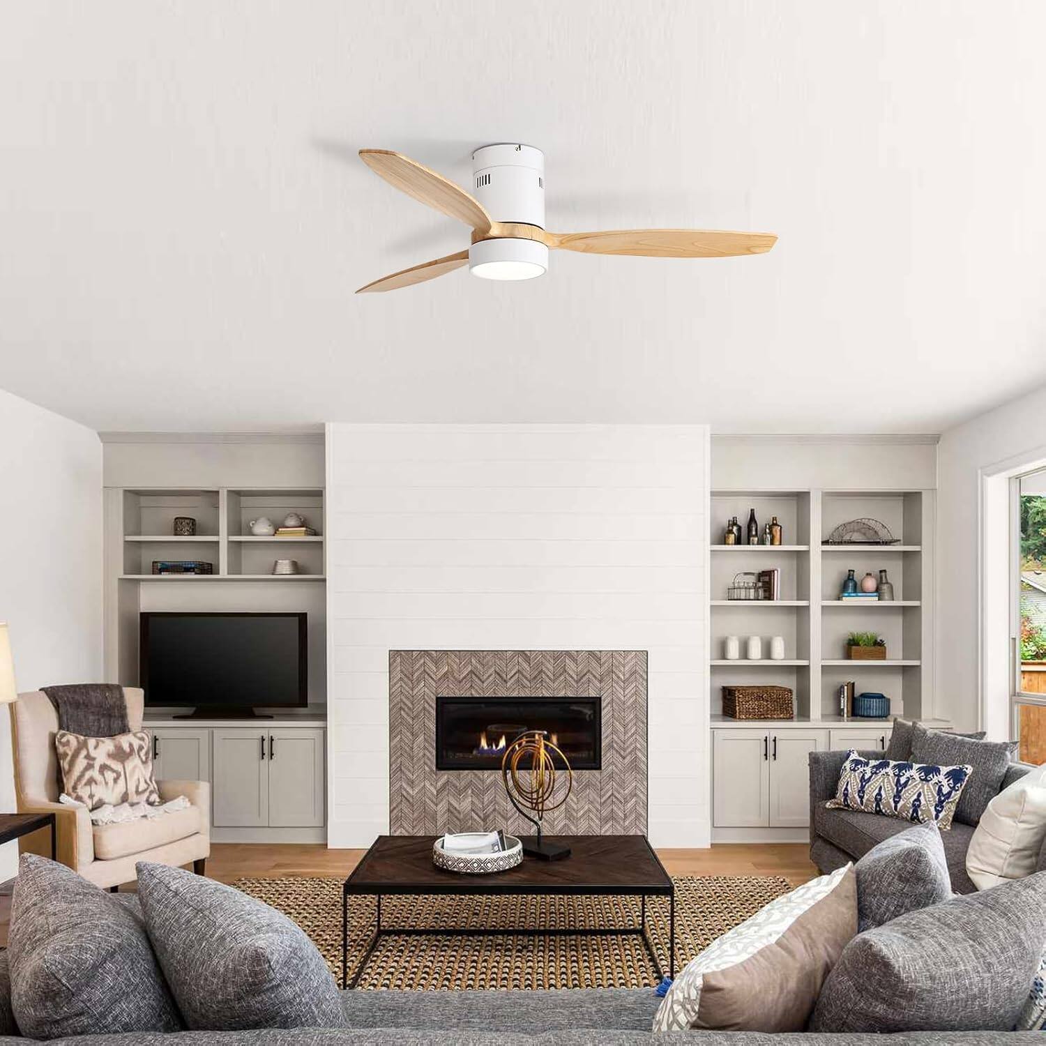 Sofucor Smart 52” Wood Flush Mount Ceiling Fans w/ Remote Quiet DC ...