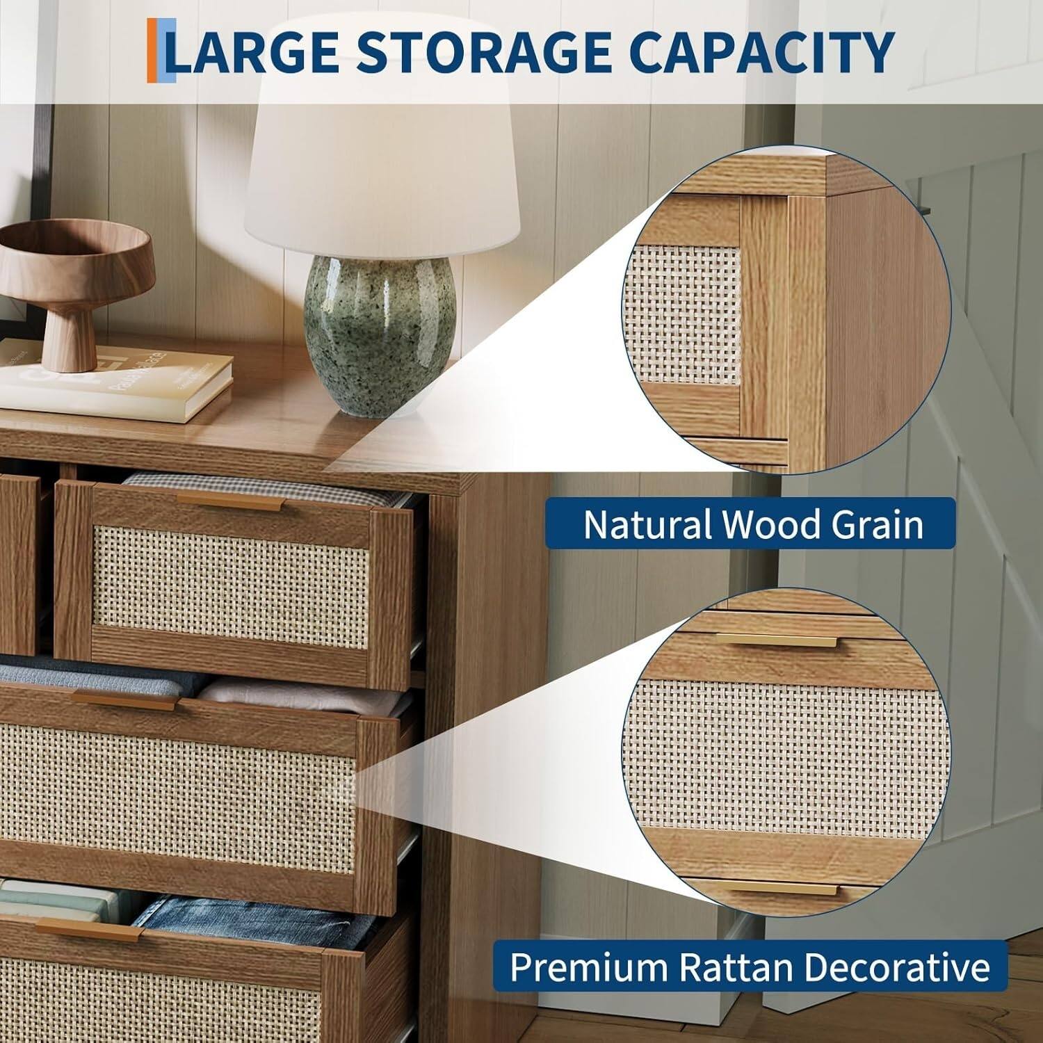 GARVEE 53" Rattan Dresser for Bedroom 7 Drawer Boho Chest of Drawers ...