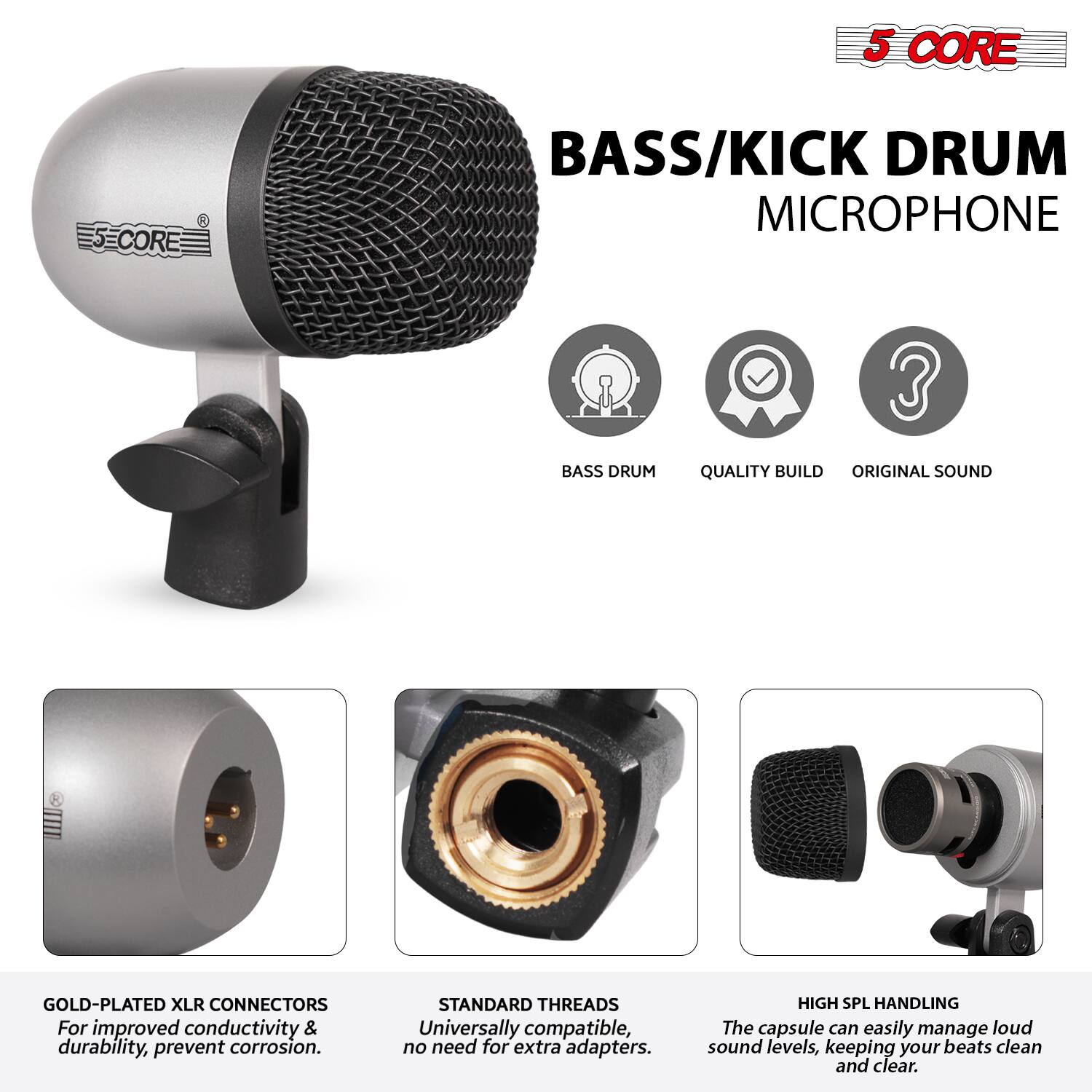 5 CORE Drum Microphone Kit 9Pc All Metal Drummer Mics Tom/Snare ...