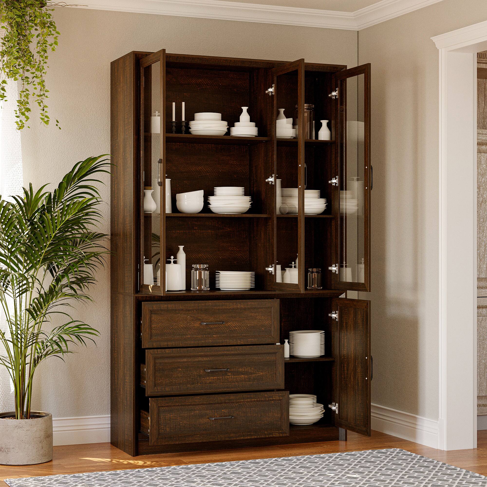 FUFU&GAGA Multi Purpose Large Glass Door Cabinet with Shelves and Drawers for Living Room or ...