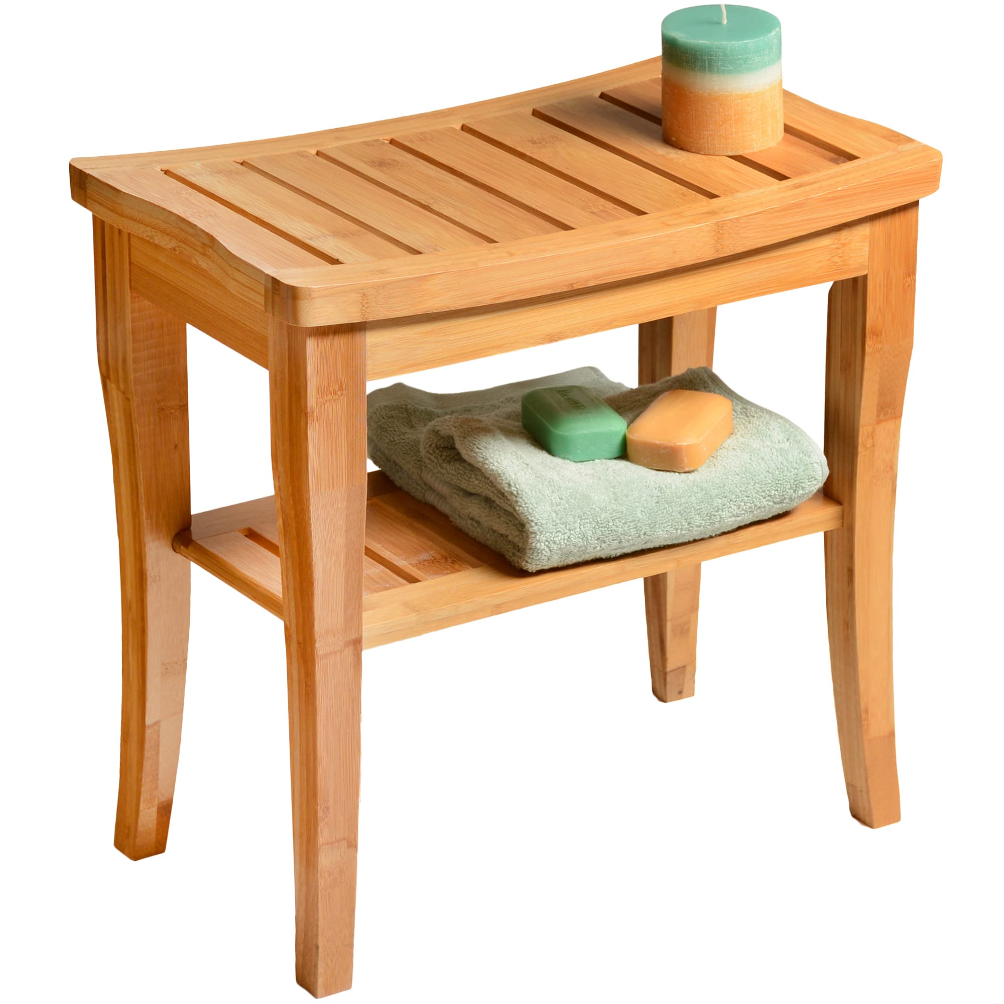 JETRANSPORT Shower Bench Small Wooden Stool With Storage Shelf Non slip ...