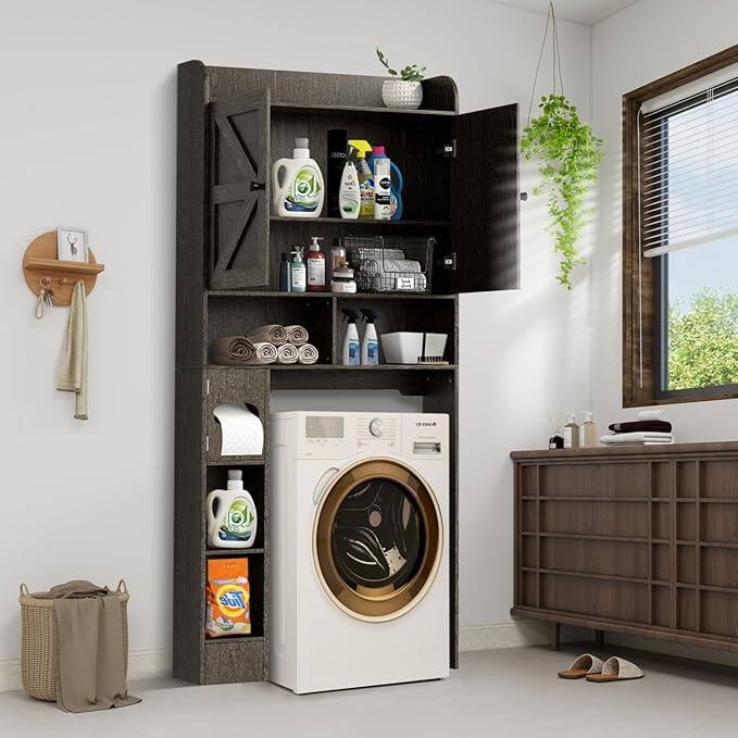 Dyonery bathroom locker, washing machine above the locker, with door ...