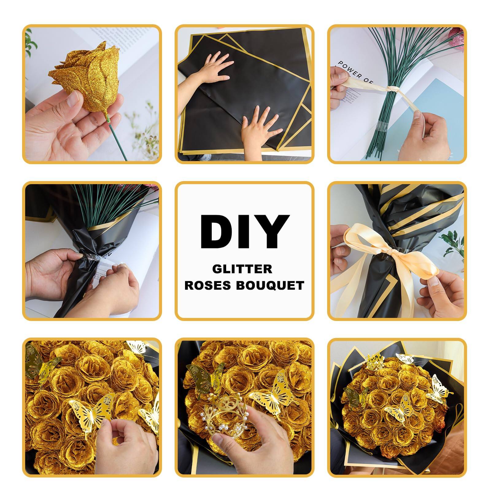 Stylel Star Diy Glitter Roses Bouquet Kit Gold 24 Shiny Flowers With ...