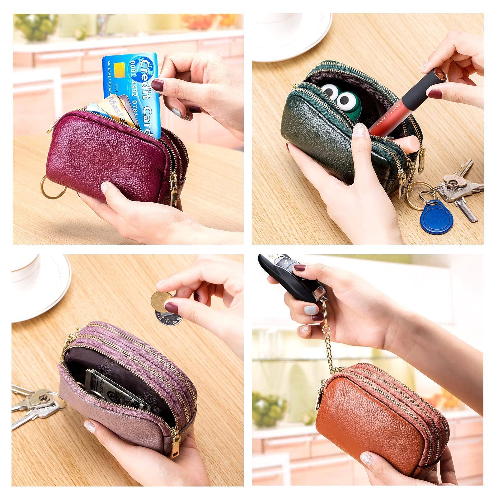 Jadie Link Zippered Genuine Leather Purse Triple Capacity Change Pouch ...